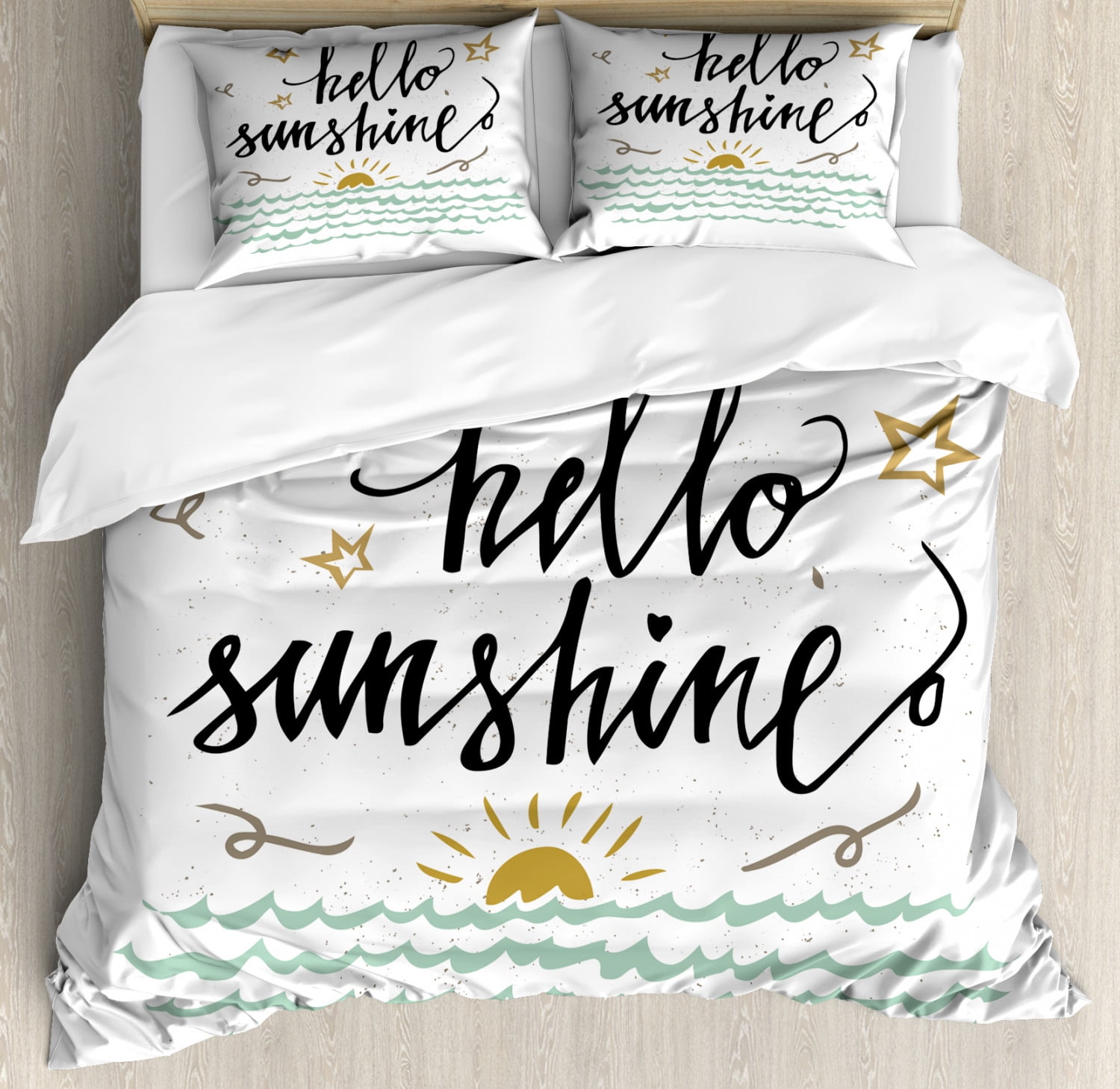 Hello Sunshine Duvet Cover Set Queen Size, Marine Theme Wavy Sea Sunset ...