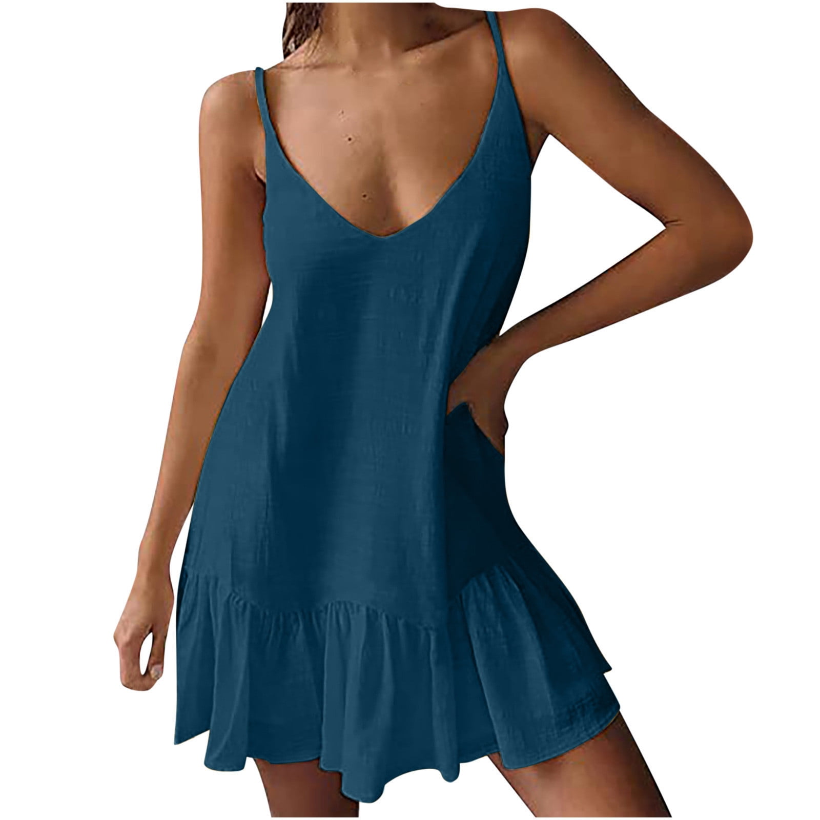 Frostluinai Womens Dresses 2023 Summer Casual Solid Sundress Spaghetti ...
