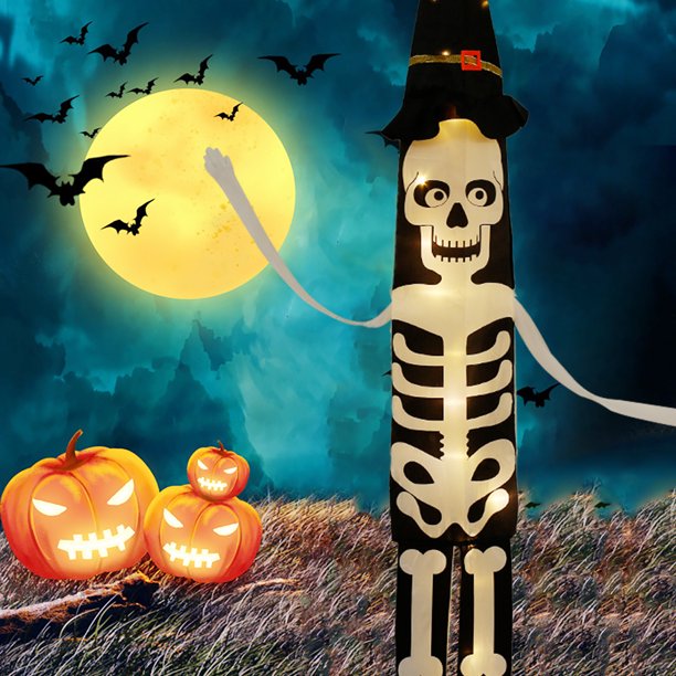BUTORY Halloween Windsock Pumpkin Skeleton Hand Flag with String Lights ...