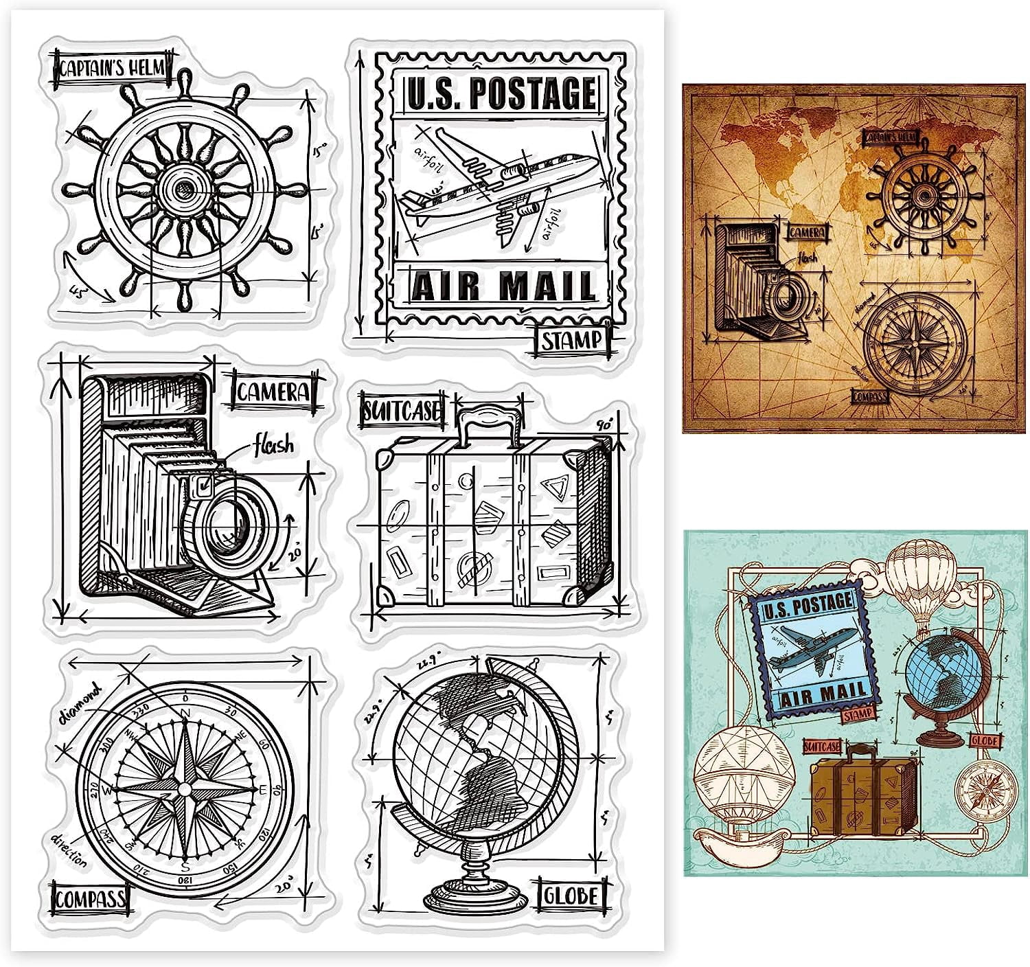 Travel Themed Plastic Clear Stamp Camera Trunk Compass Globe Clear ...