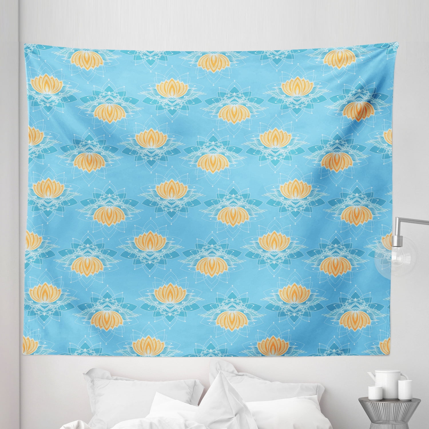 Lotus Tapestry, Japanese Themed Blooming Floral Design with Geometric ...