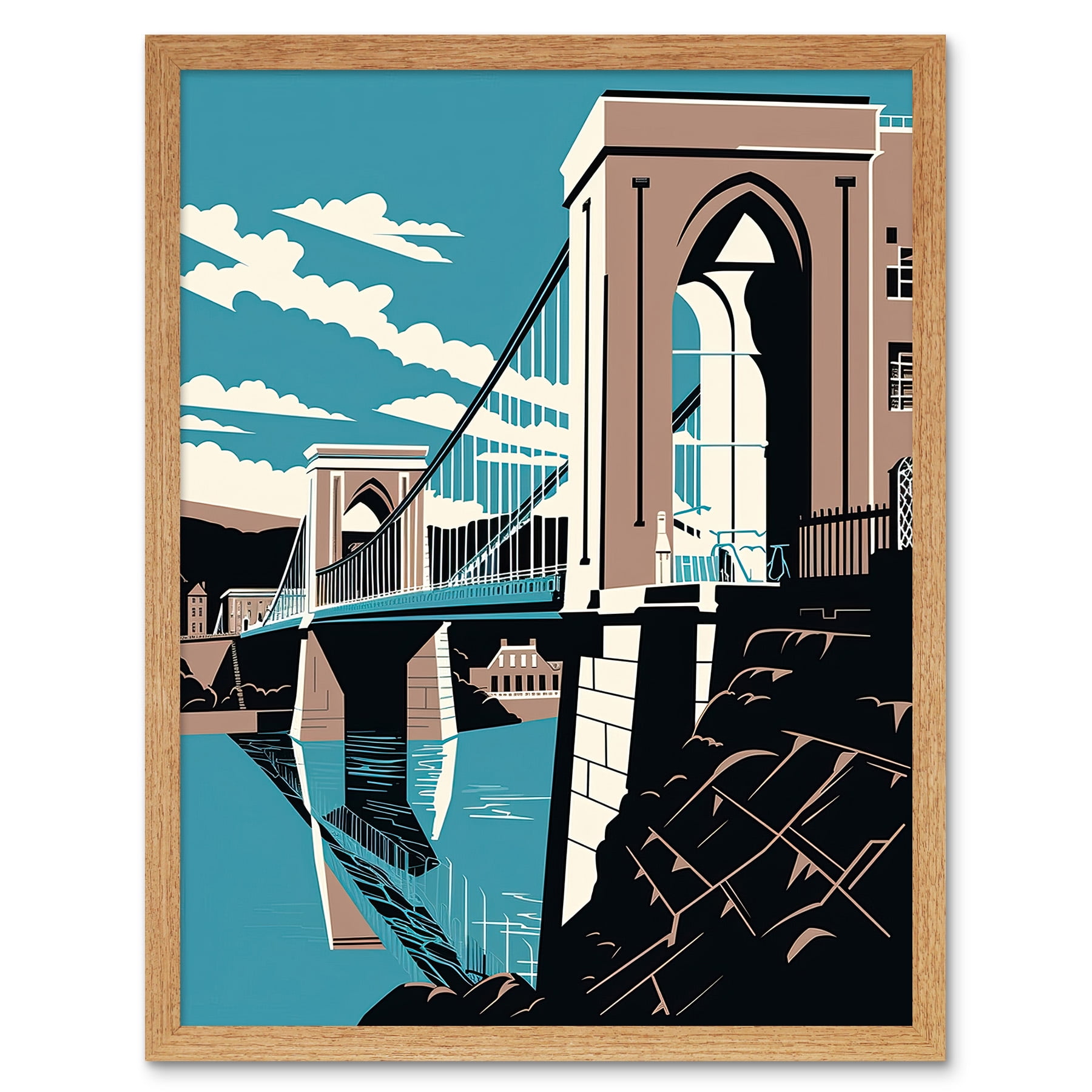 Clifton Suspension Bridge Tan Brown Blue Linocut Art Print Framed ...
