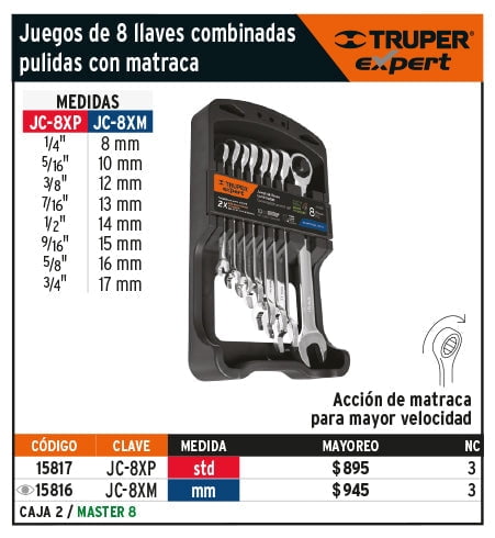 Juego llaves combinadas con matraca, 8 pzas, Truper Expert Expert Juego llaves combinadas con ...