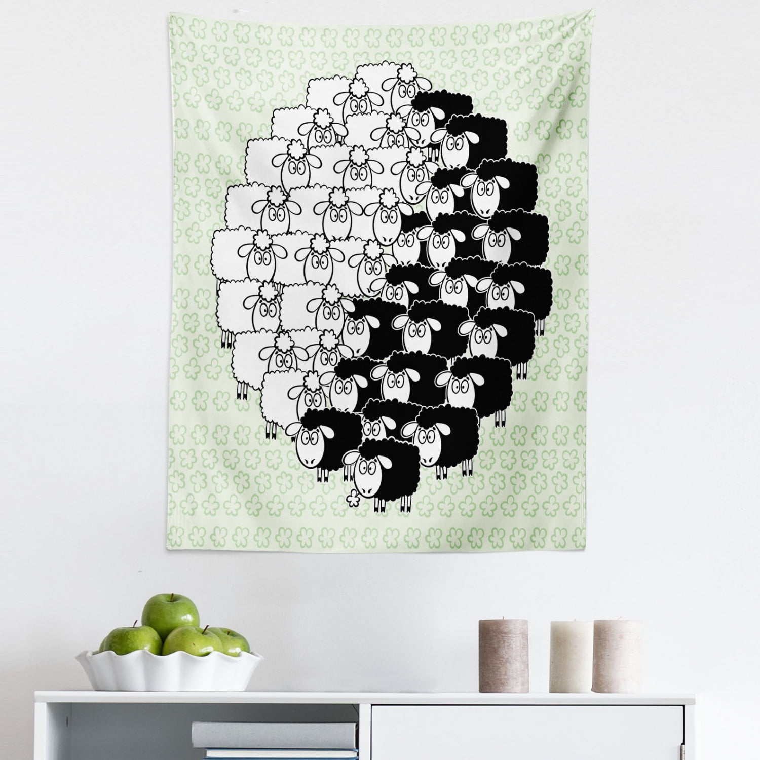 Sheep Tapestry, Community of Lambs Cartoon Style Drawing Ying Yang ...