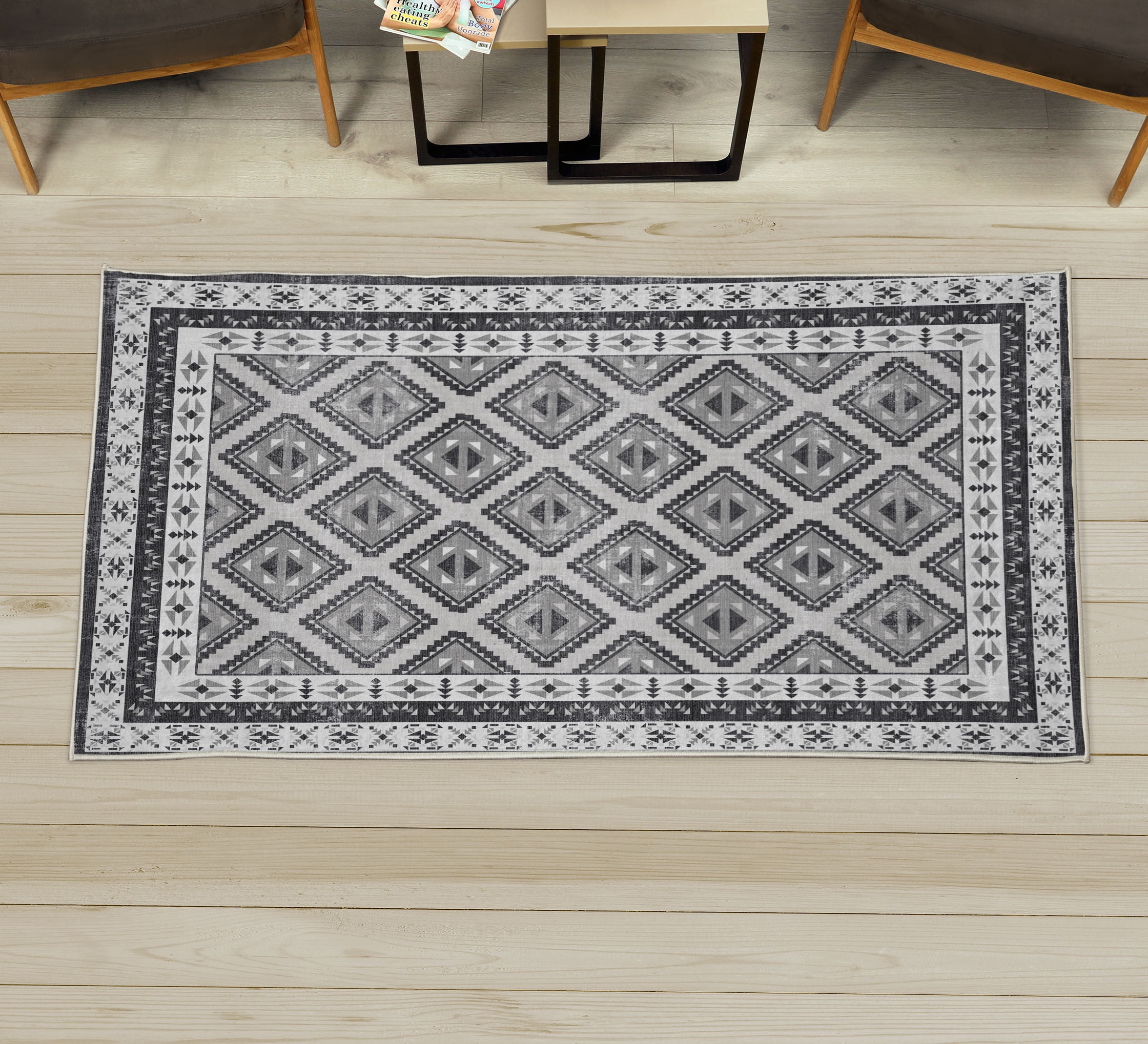 Geometric Decorative Rug, Ethnic Rustic Zigzagged Squares Folkloric ...