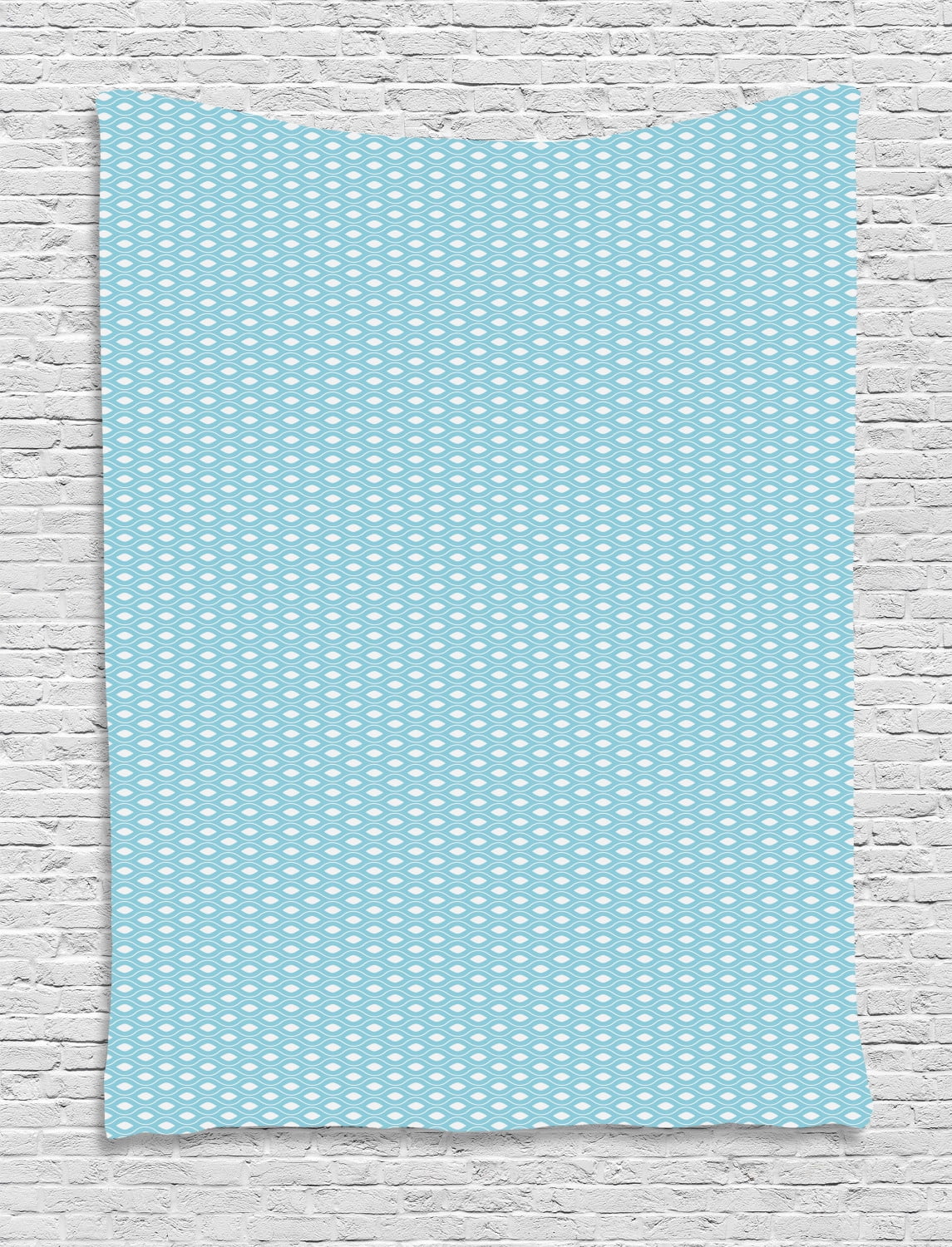 Vintage Blue Tapestry, Horizontal Wavy Lines with Ogee Style Bold Inner ...
