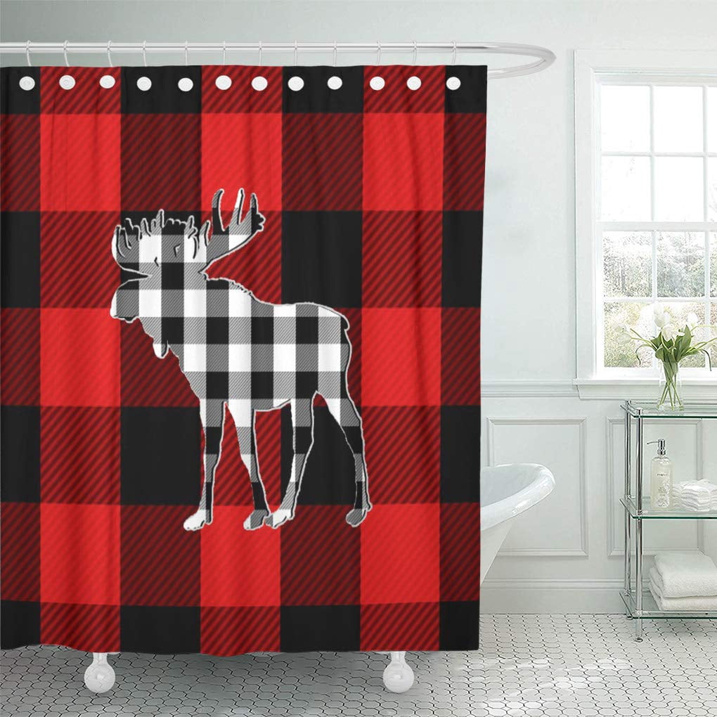 SUTTOM Plaid Black White Red Buffalo Check Moose Pattern Shower Curtain ...