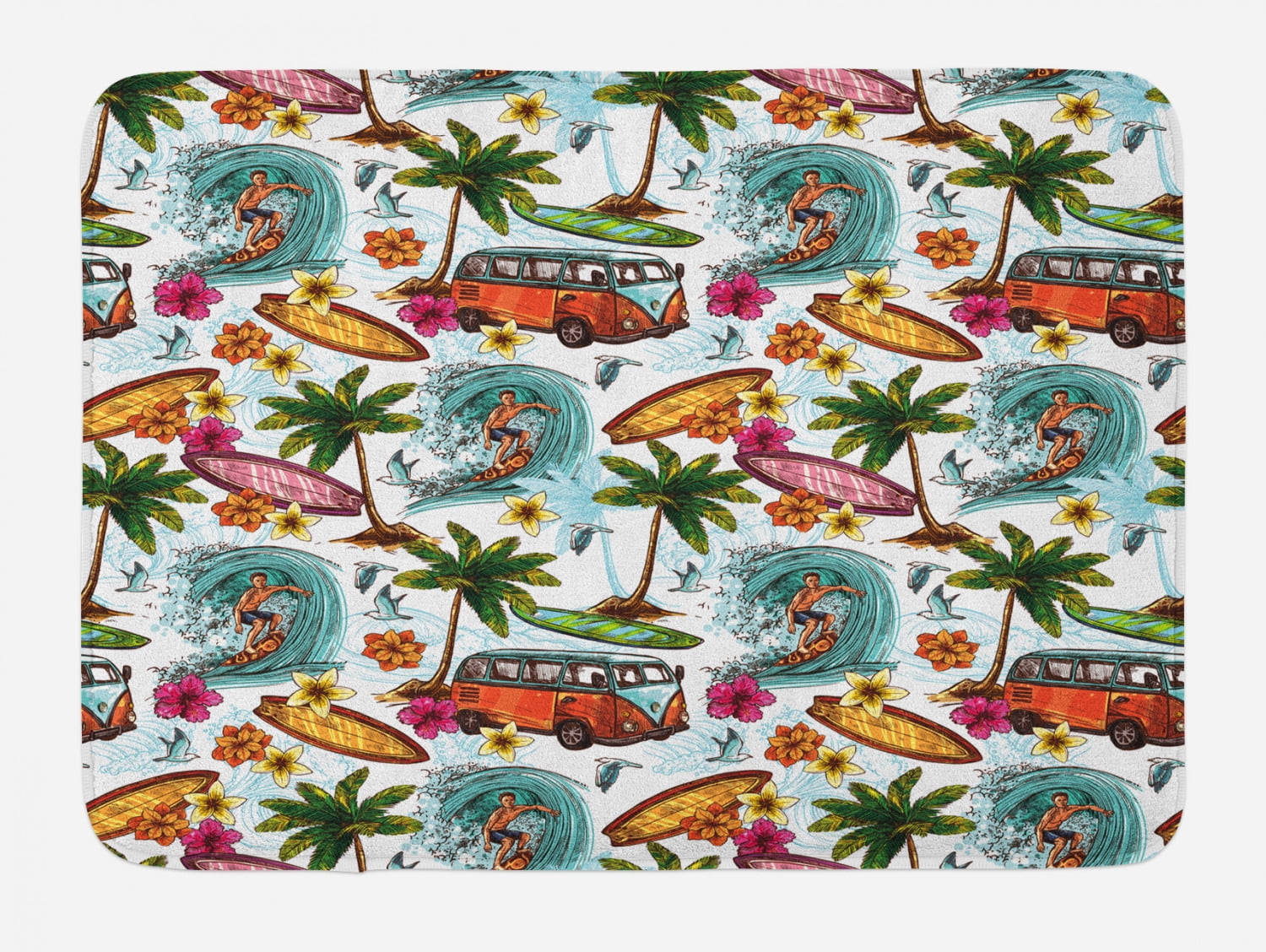 Ocean Bath Mat, Hawaiian Surfer on Wavy Deep Sea Retro Style Palm Trees ...
