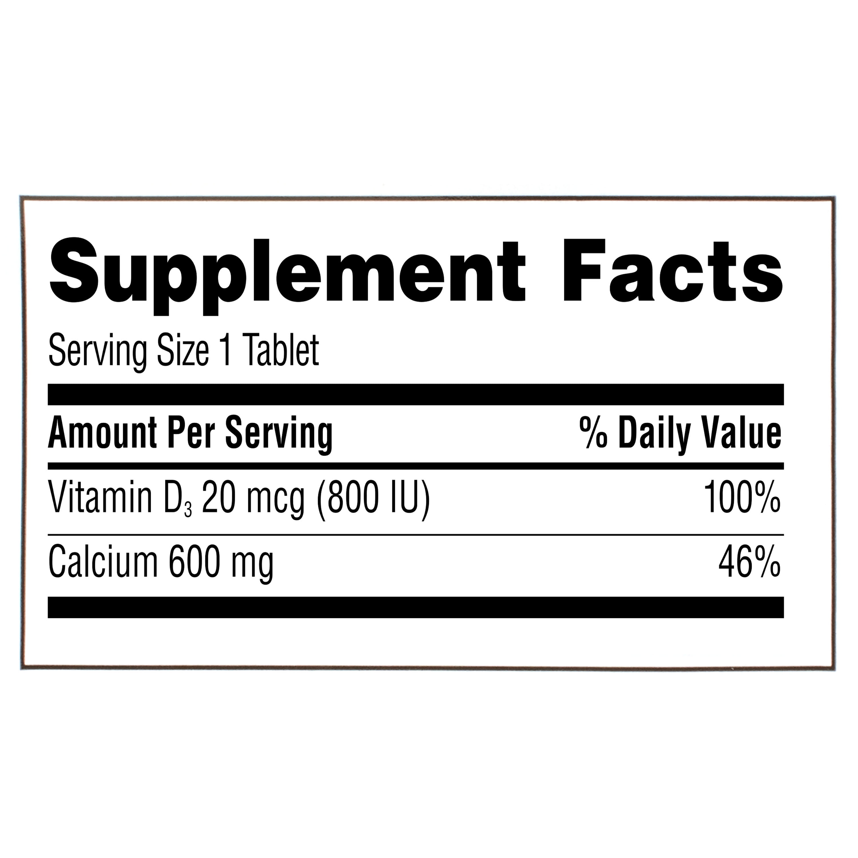 Equate Calcium + D3 Tablets Dietary Supplement, 600 mg, 120 Count