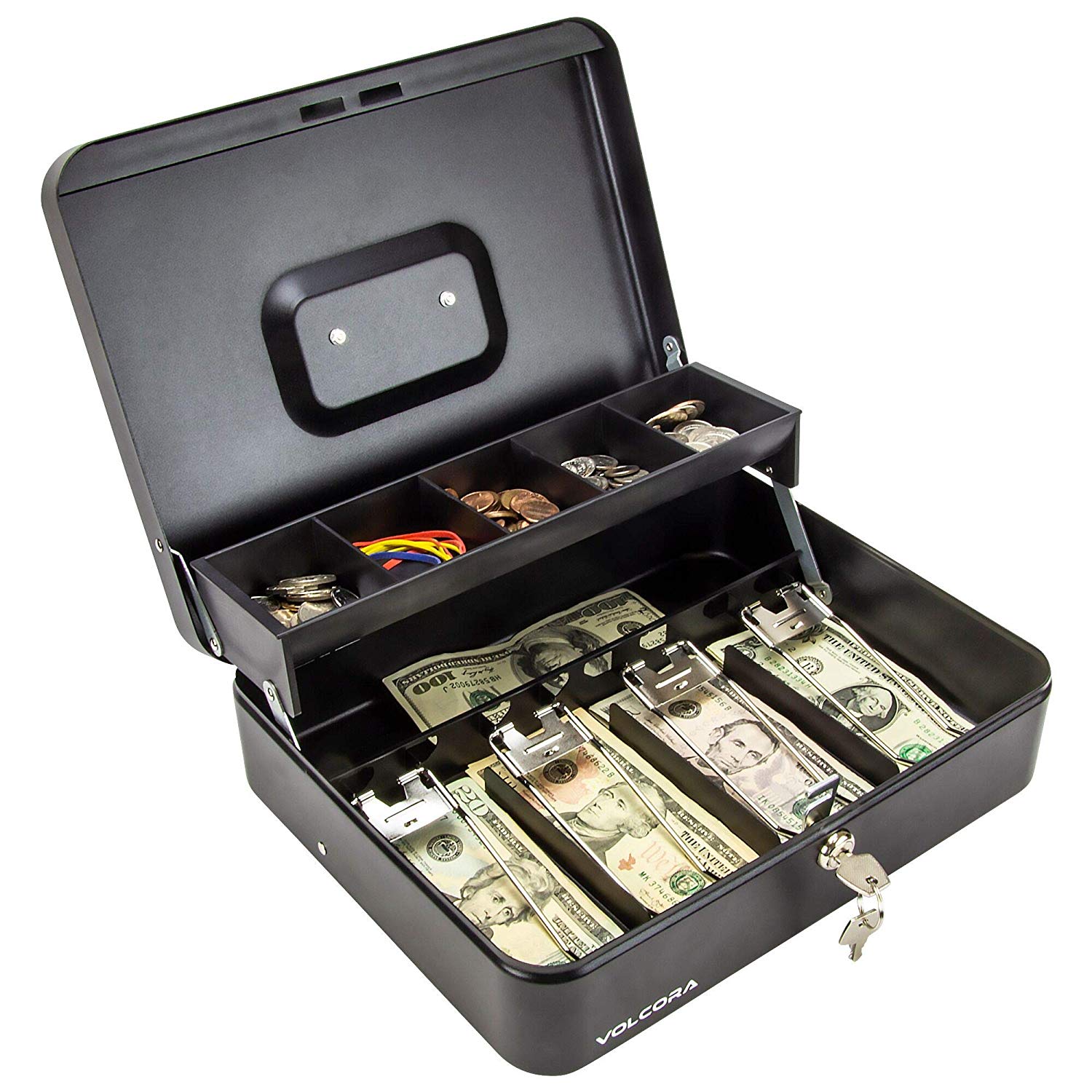Black Steel Cash Box With Safe Key Lock Tiered Money Coin Tray And Black Steel Cash Box With Safe Key Lock Tiered Money Coin Tray And