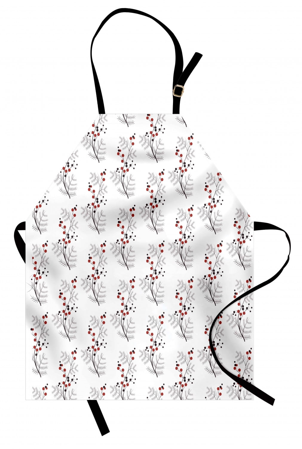 Floral Apron Curvy Flower Branches Leaves Black and Red Dotted Buds ...