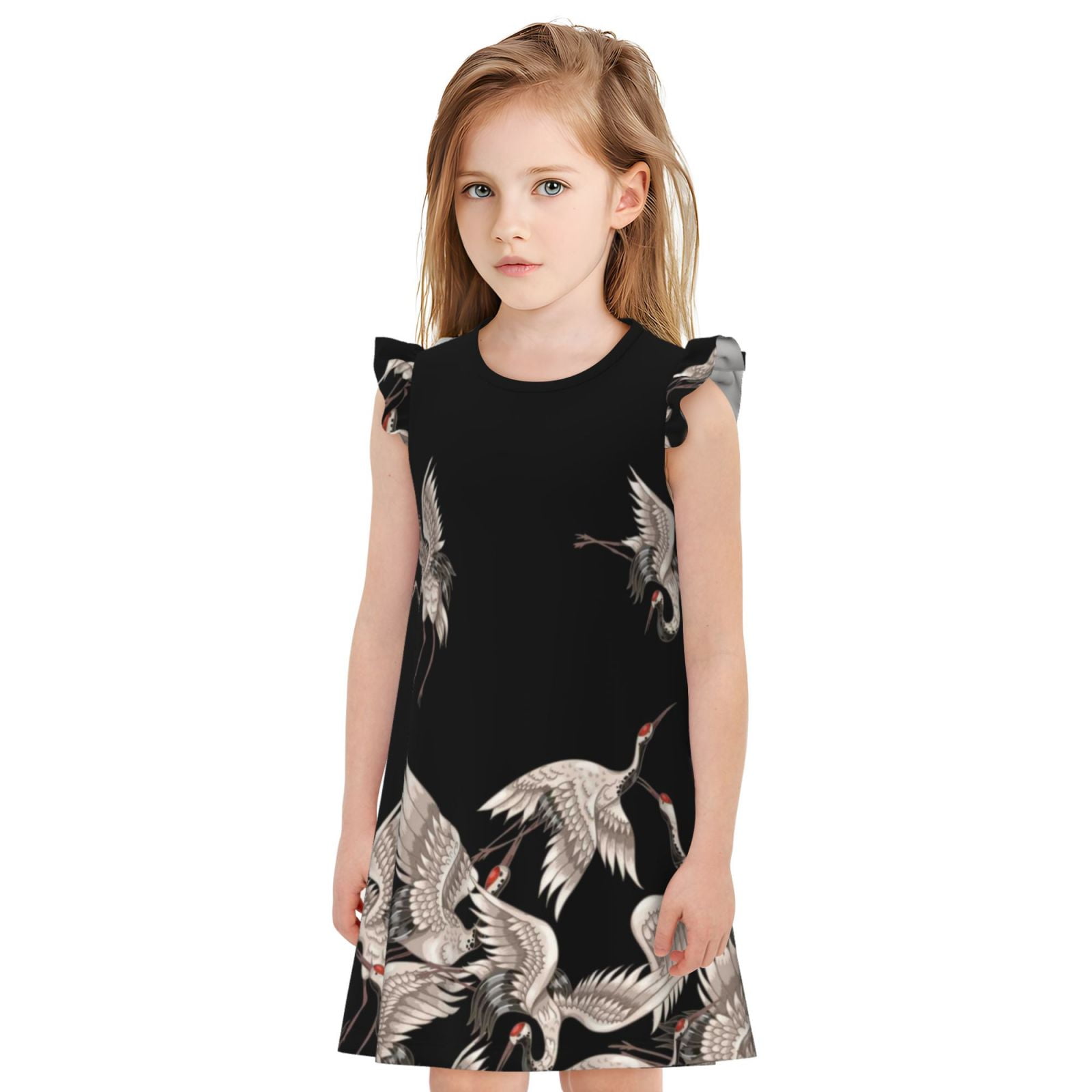 Naloa Japanese White Crane Print Girls Sleepwear, Night Sleep Dress ...