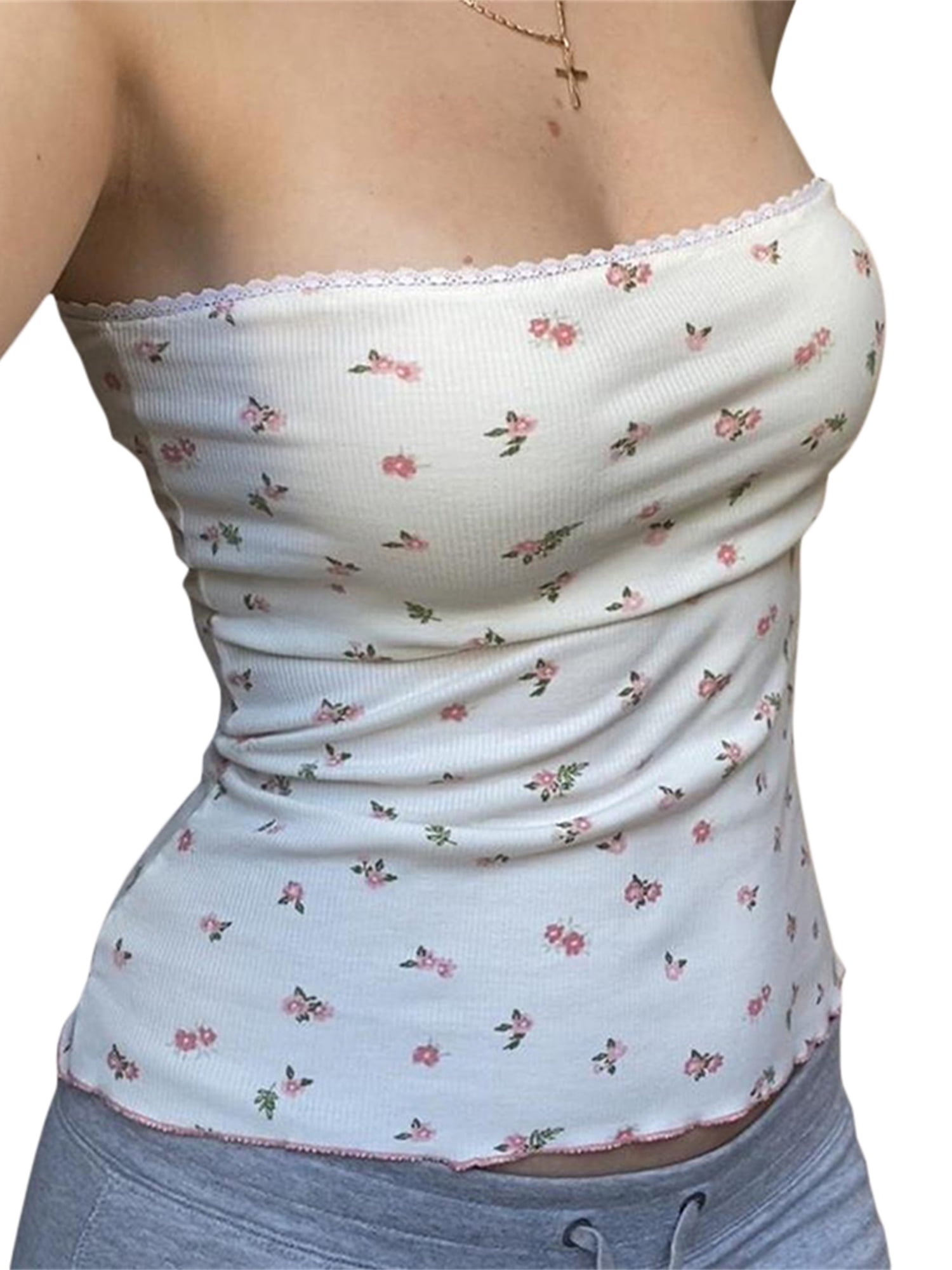 Tffr Women Tube Top Strapless Floral Print Sweet Crop Tops Slim Vest