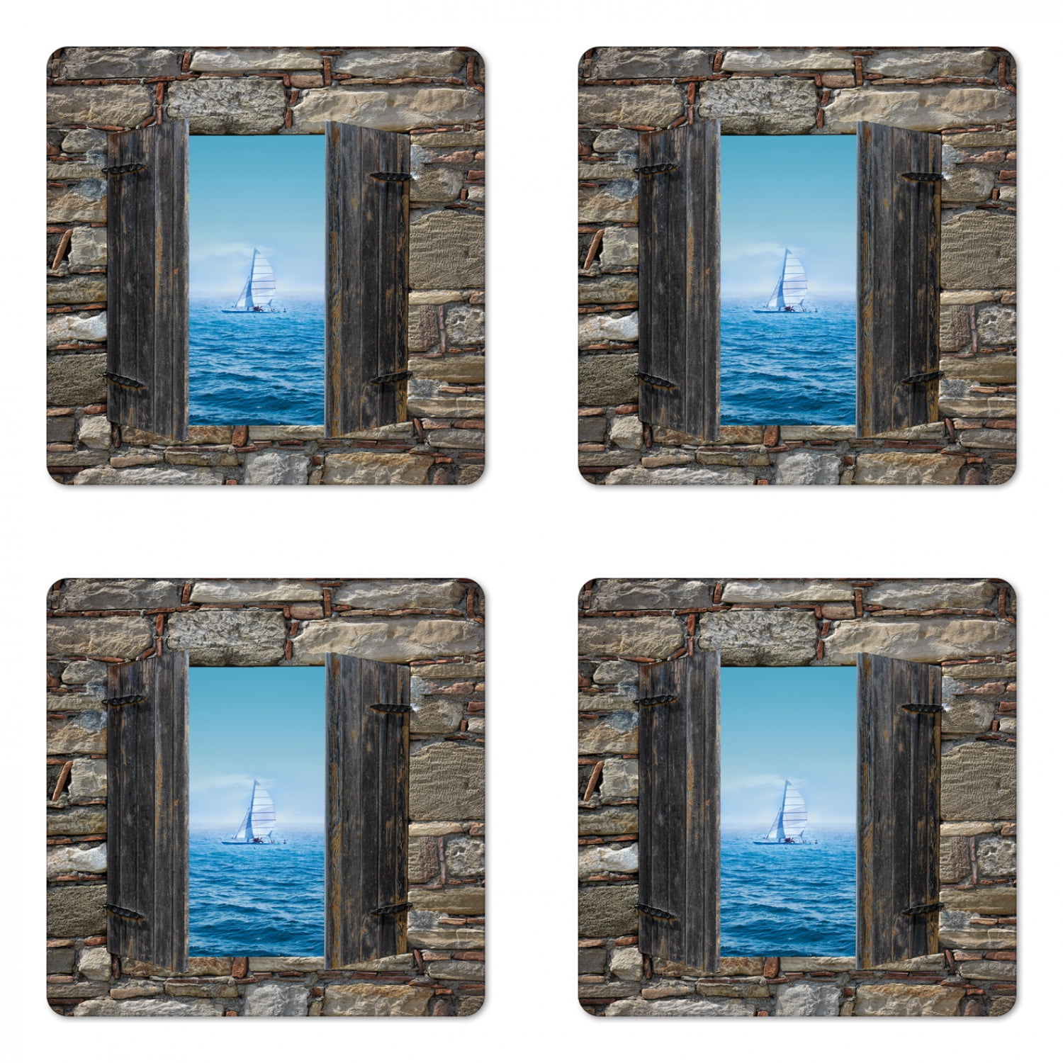 Nautical Coaster Set of 4, Image of a Sailing Boat from Stone Window ...