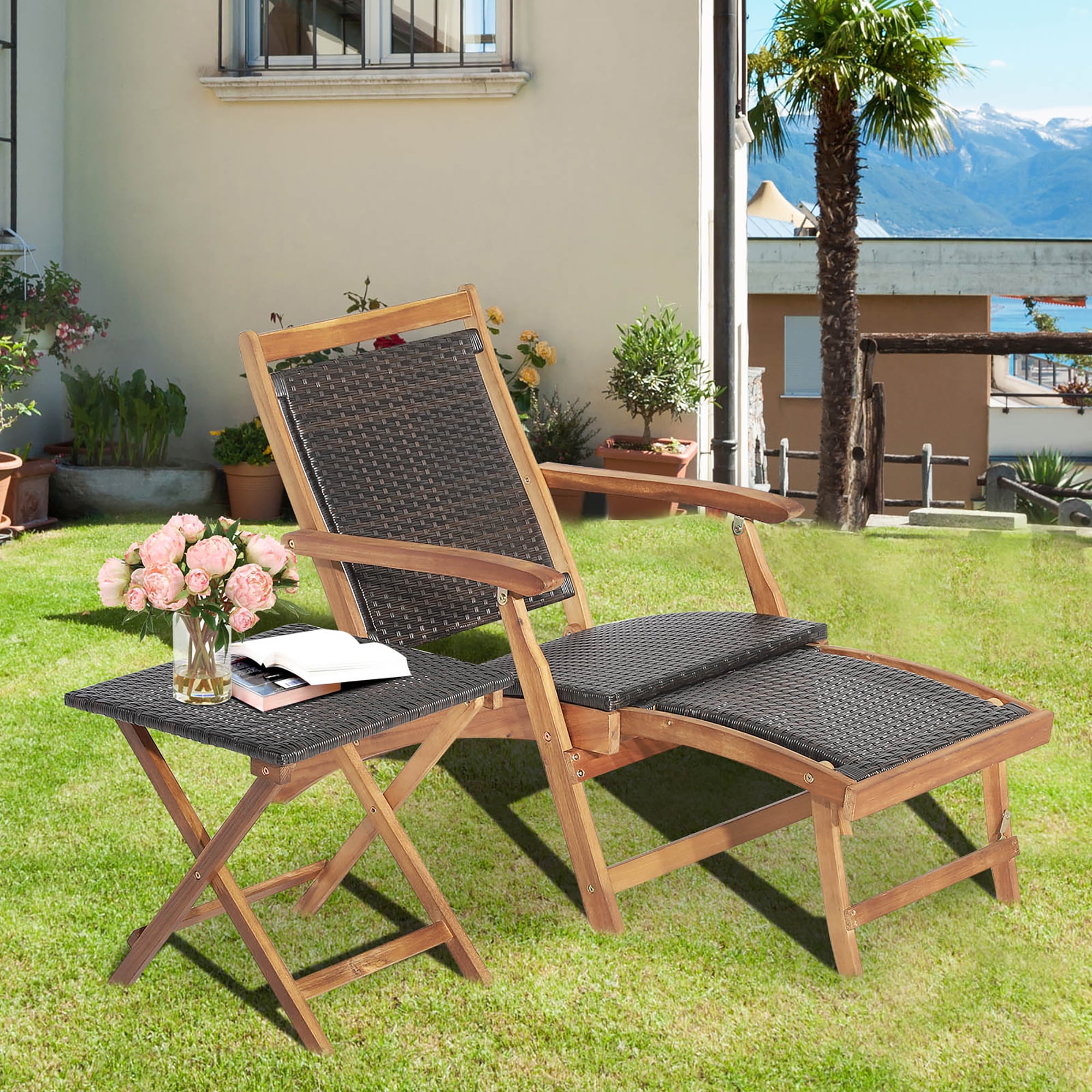 Costway 2PCS Patio Rattan Folding Lounge Chair Table Acacia Wood W ...