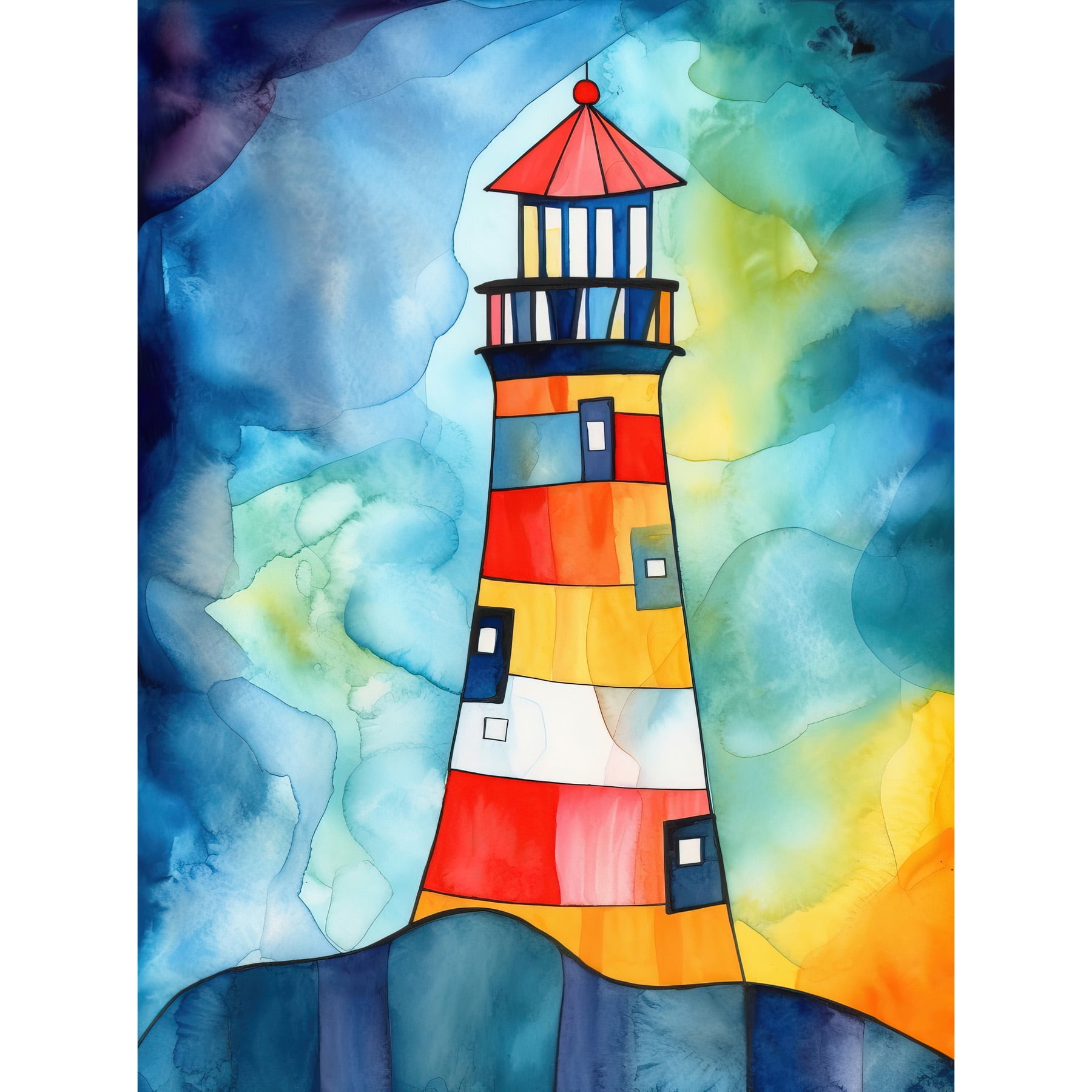 Lighthouse At Night Folk Art Watercolour Painting Unframed Wall Art ...
