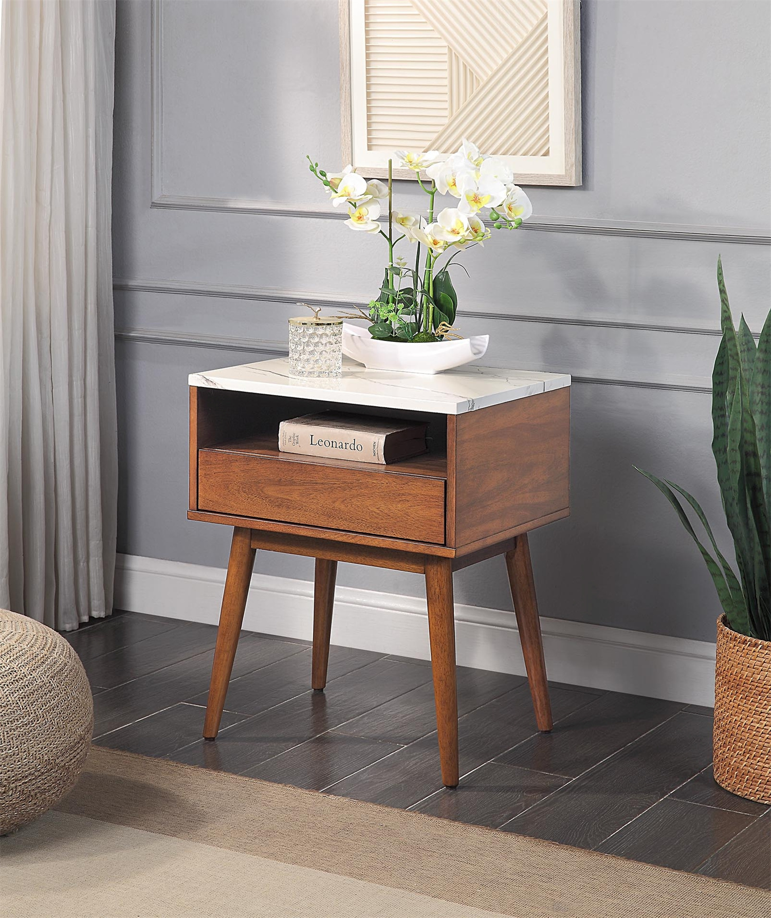 End Table with Faux Marble, Side Table with Drawer and Open Shelf ...