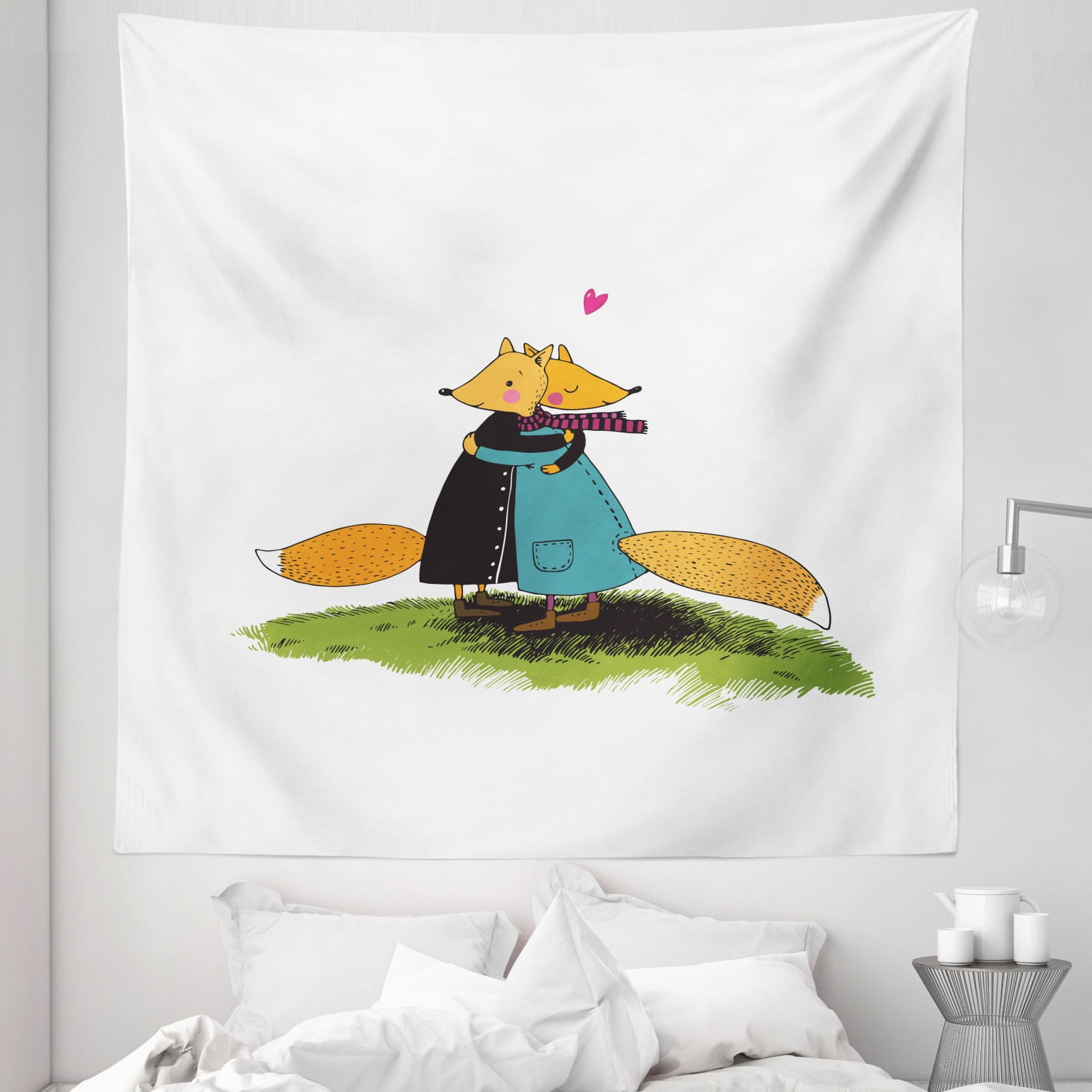 Fox Tapestry, Romantic Furry Forest Animal Hugging Each Other with Pink ...