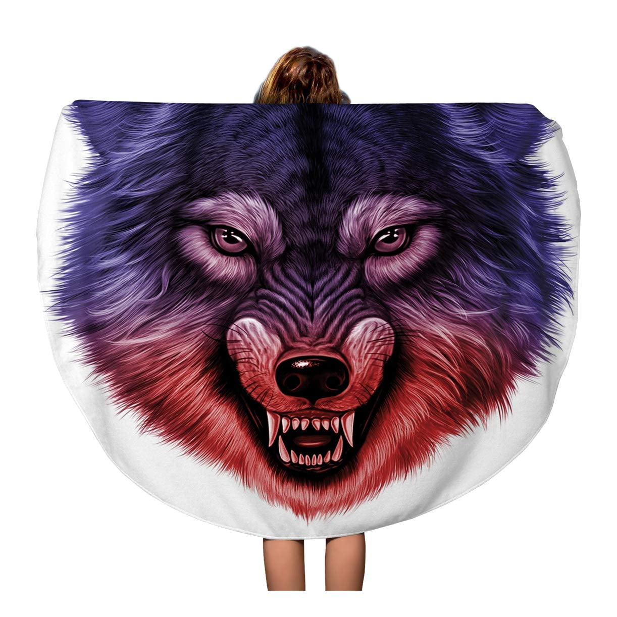 SIDONKU 60 inch Round Beach Towel Blanket Gray Face Angry Wolf Head ...