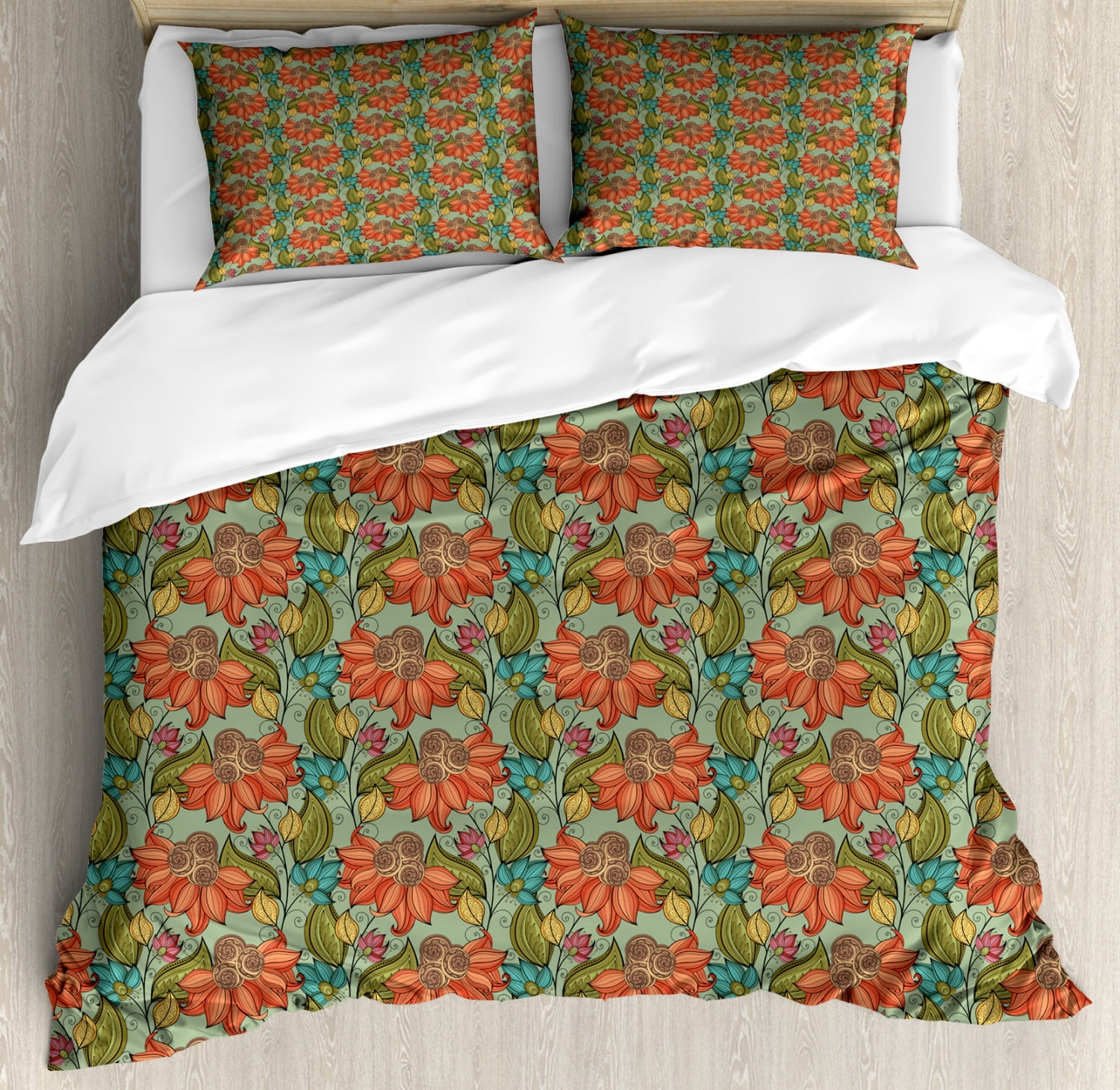 Leaf King Size Duvet Cover Set, Flourishing Nature Pattern Rich in ...