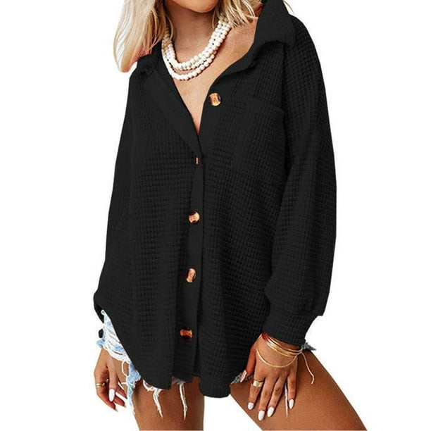 Cardigan for Women Waffle Solid Color Button Down Womens Cardigan Sweater Casual Long Sleeve ...