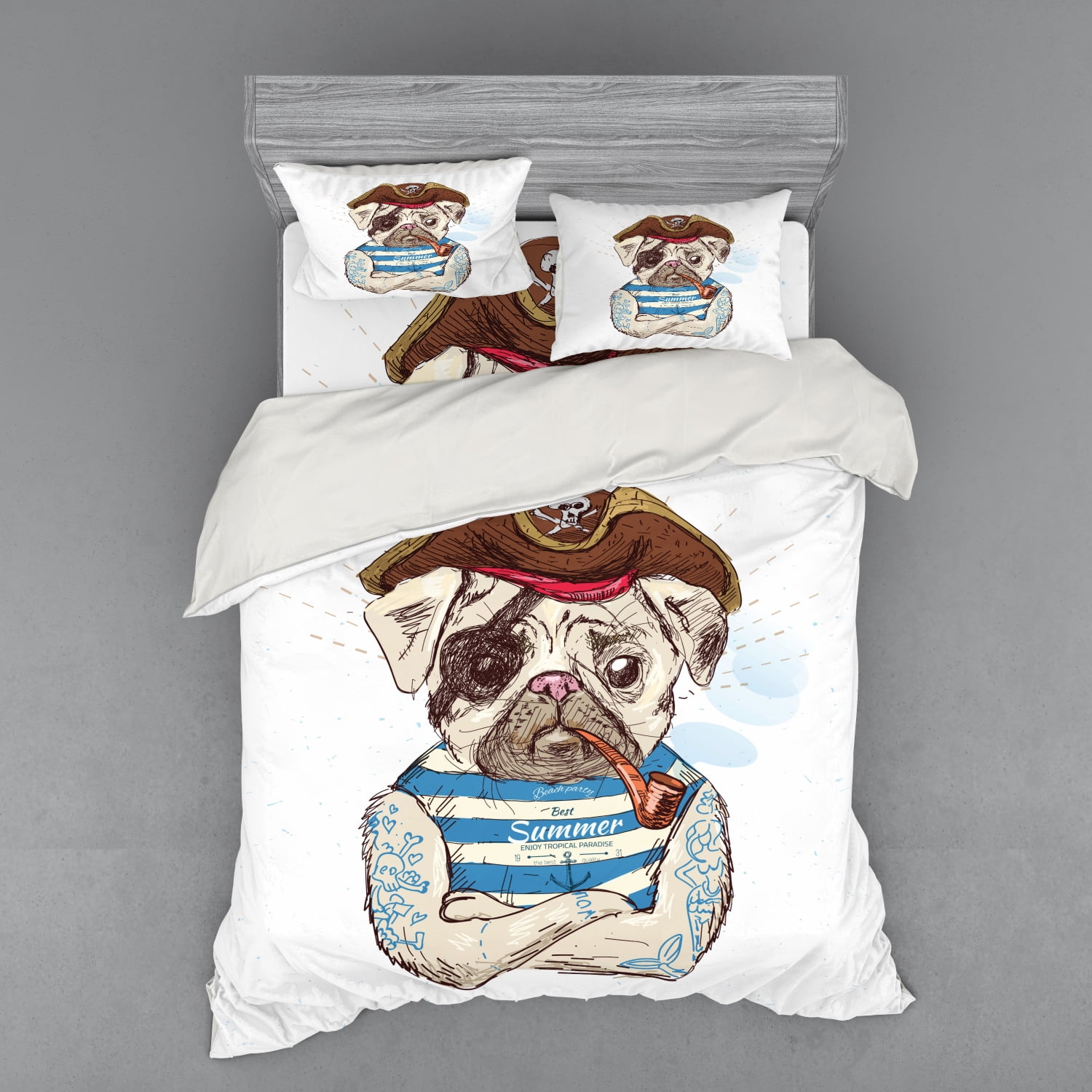 Ambesonne Pug Bedding Set 4 Pcs, Pirate Dog Conqueror of Sea, Queen ...