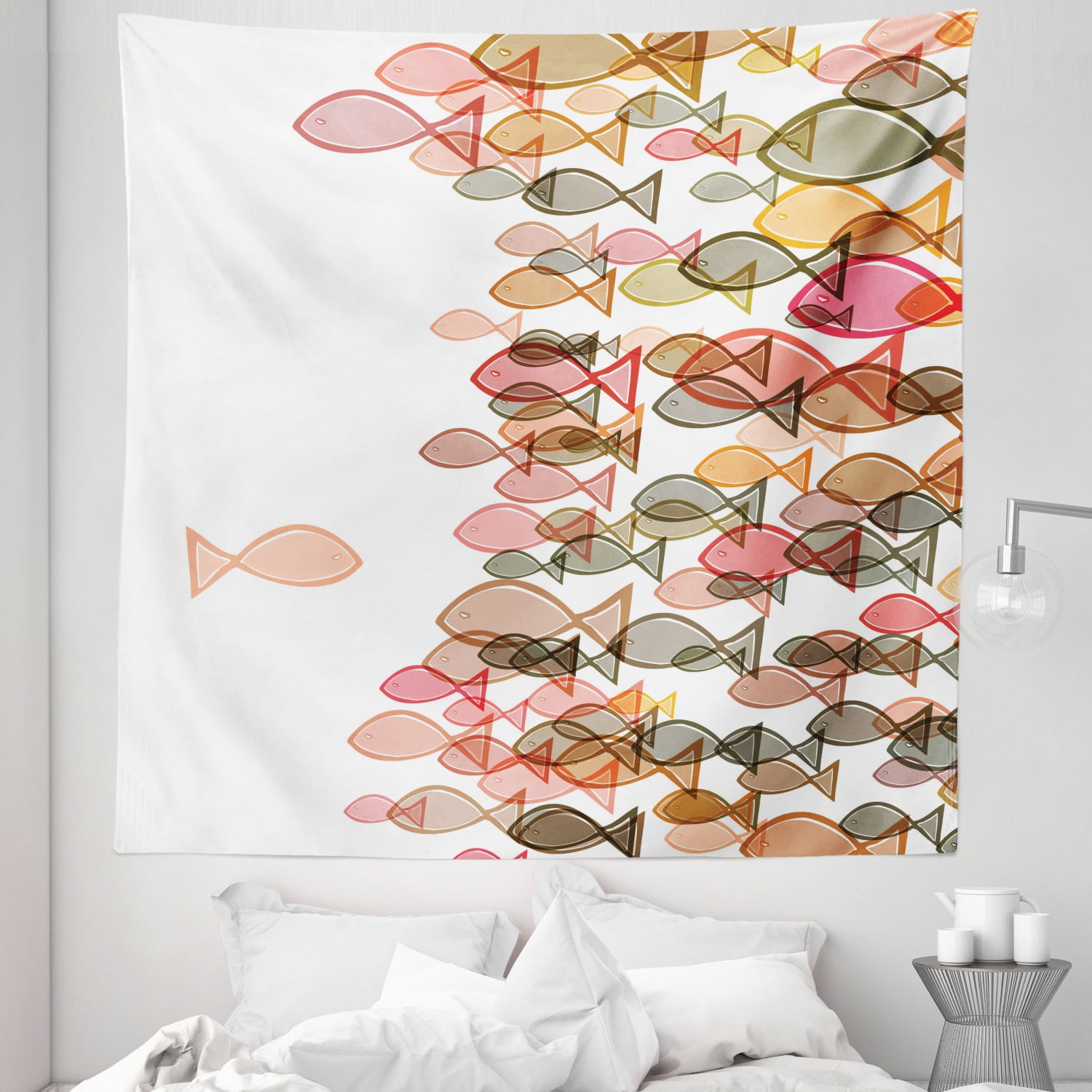 Nautical Tapestry, Fish Flock Facing Others Design Seashore Print in ...