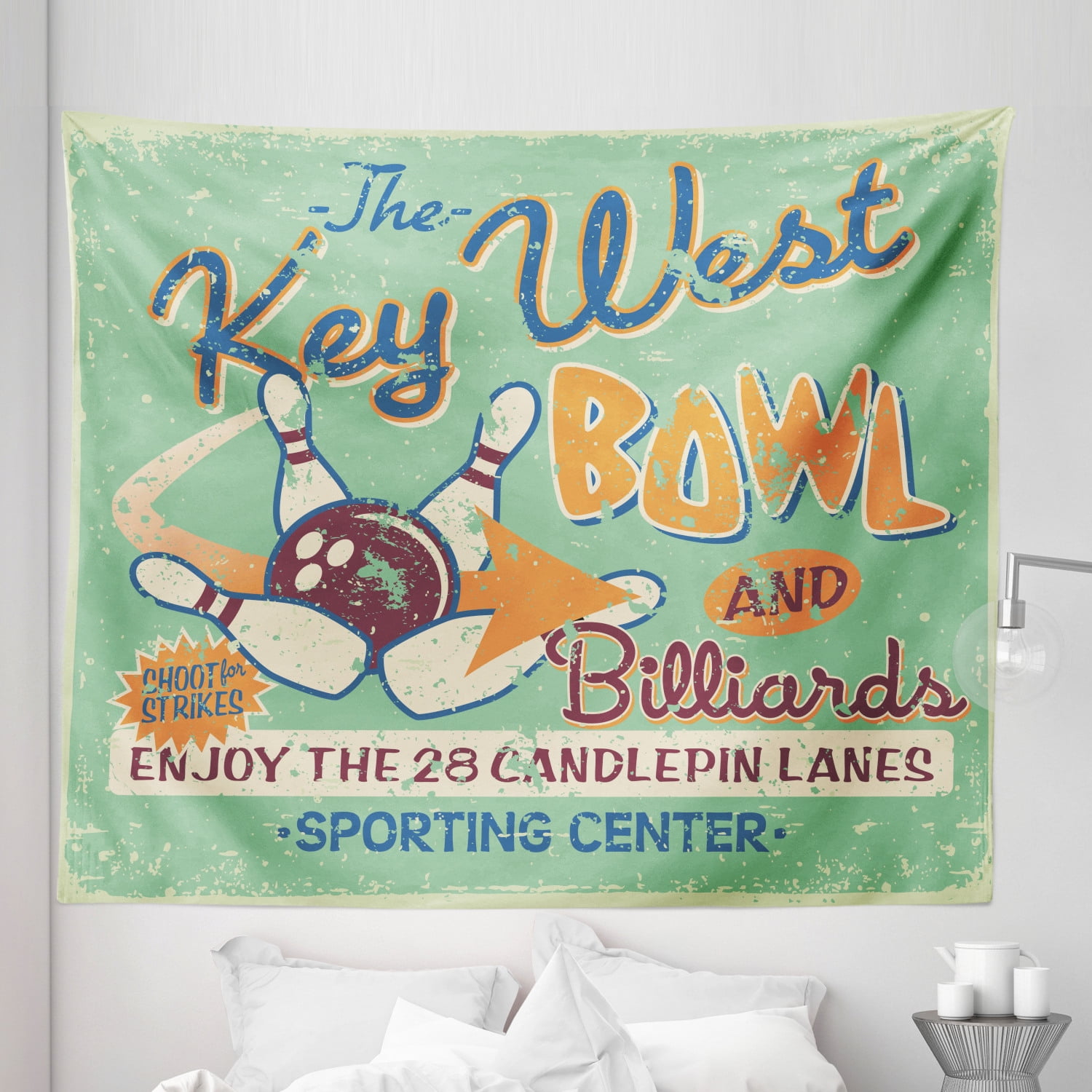 Retro Tapestry, Retro Bowling Game Night with Abstract Background Words ...