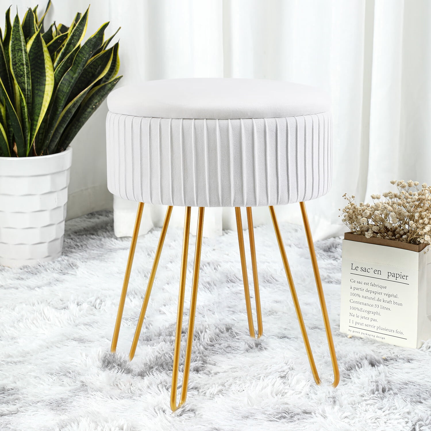 Velvet Footrest Stool Ottoman Pleated Round Modern Upholstered Vanity ...