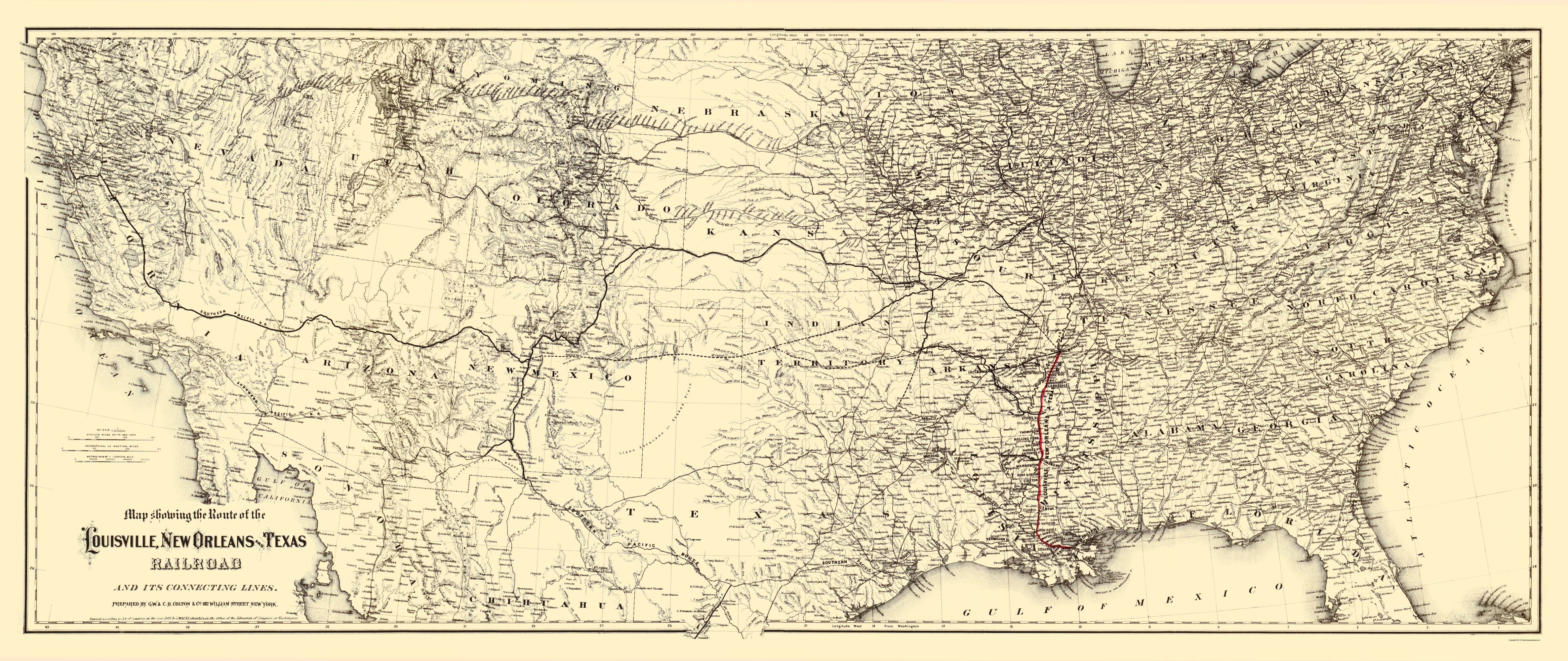 Louisville New Orleans and Texas Railroad - Colton 1883 - 23.00 x 54.55 ...