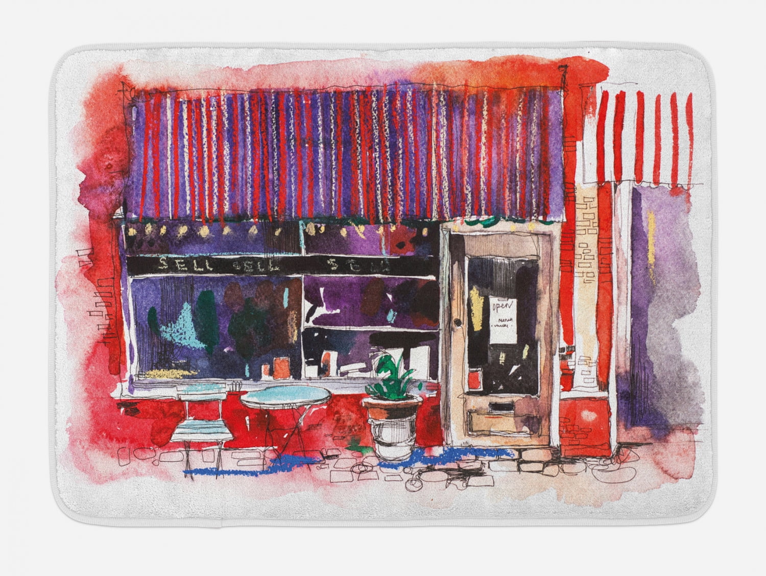 Colorful Bath Mat, Vintage Watercolor Illustrated Scenic Street Cafe ...