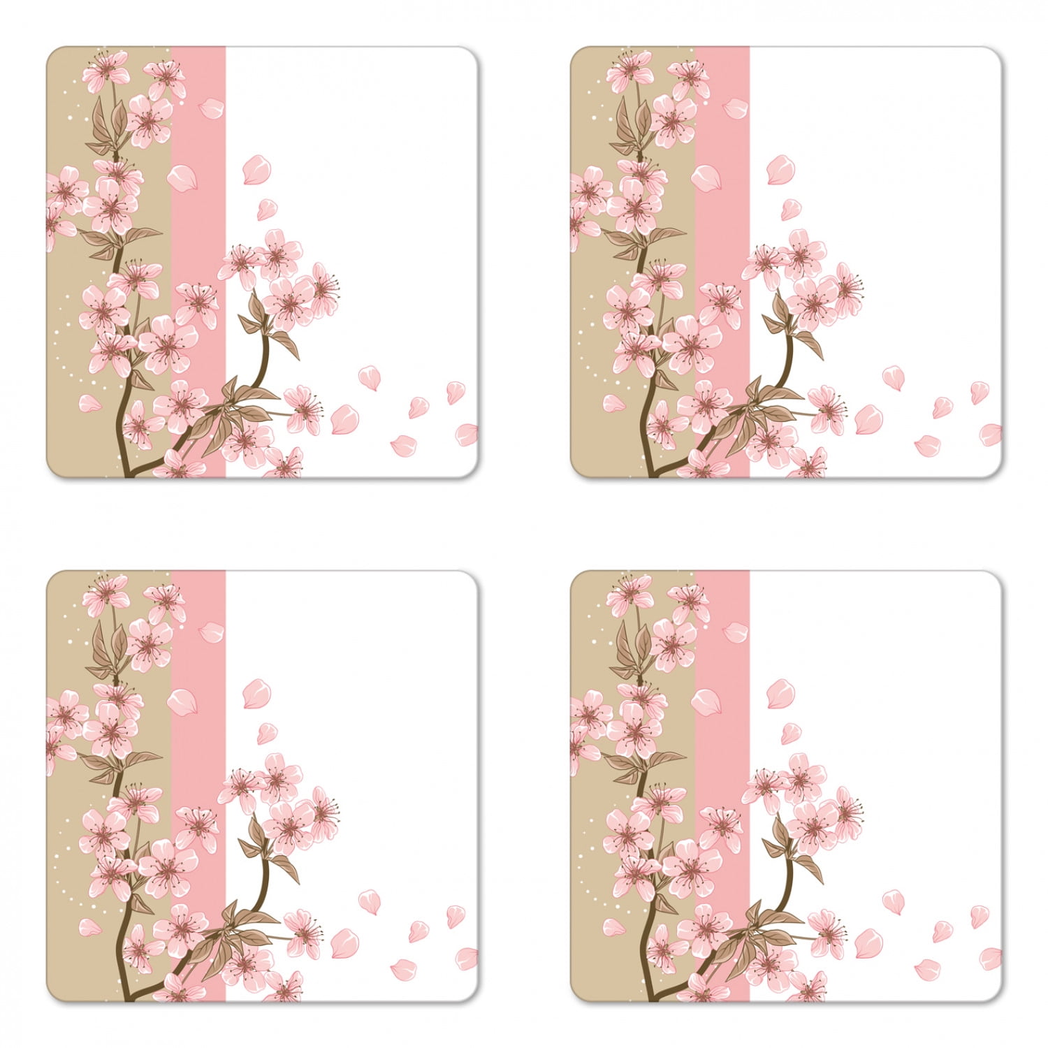 Japanese Coaster Set of 4, Romantic Sakura Blooms Flowers Petals Spring ...