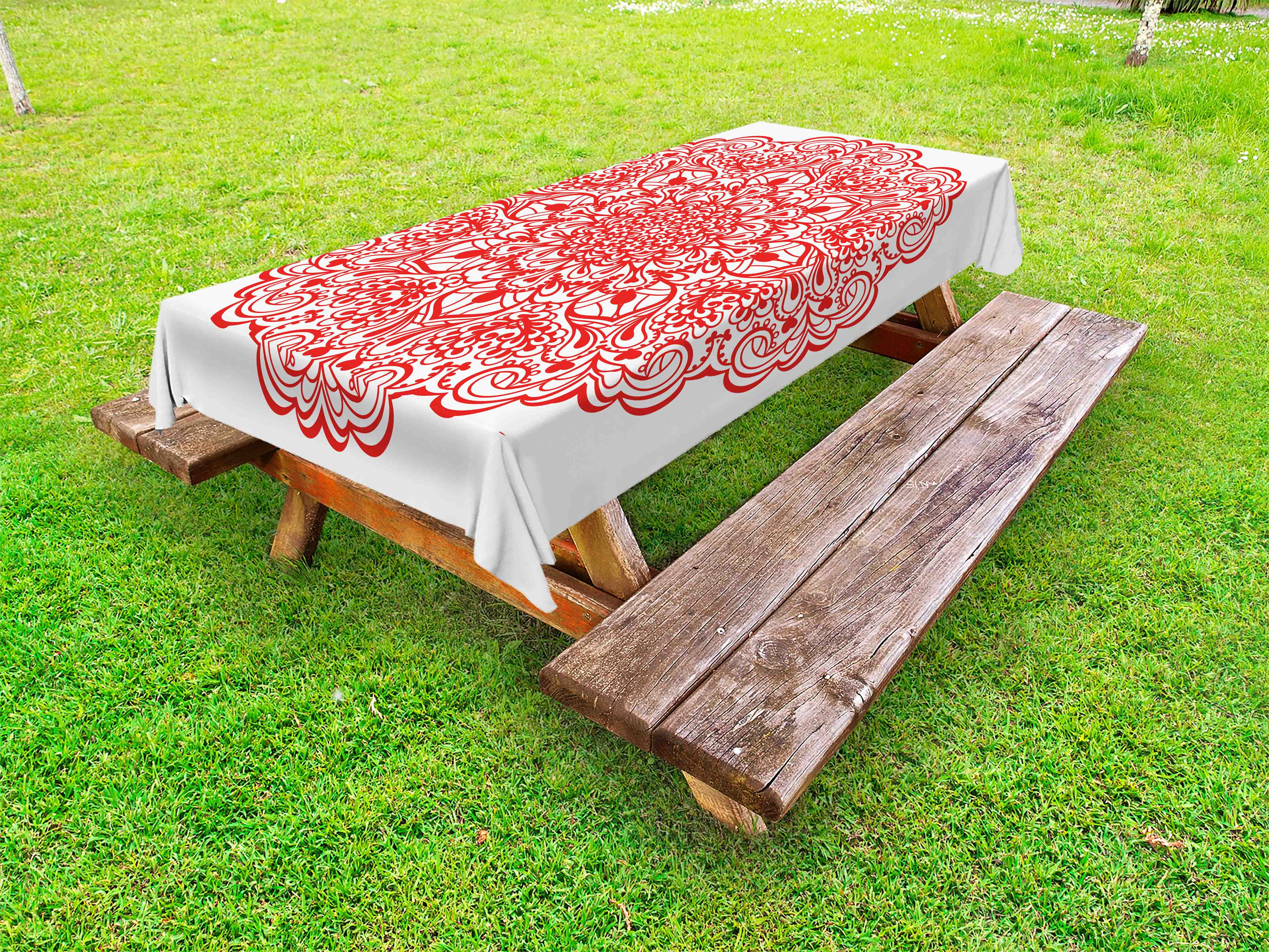 Red Mandala Outdoor Tablecloth, Arabesque Lace Inspired Motifs ...