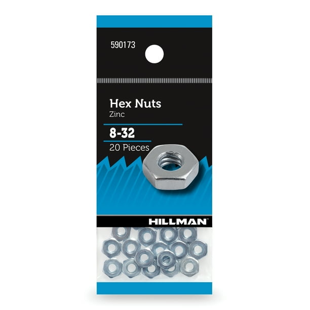 Hillman Hex Nuts #8-32 Screw Thread, Zinc Finish, Steel, Pack of 20 ...
