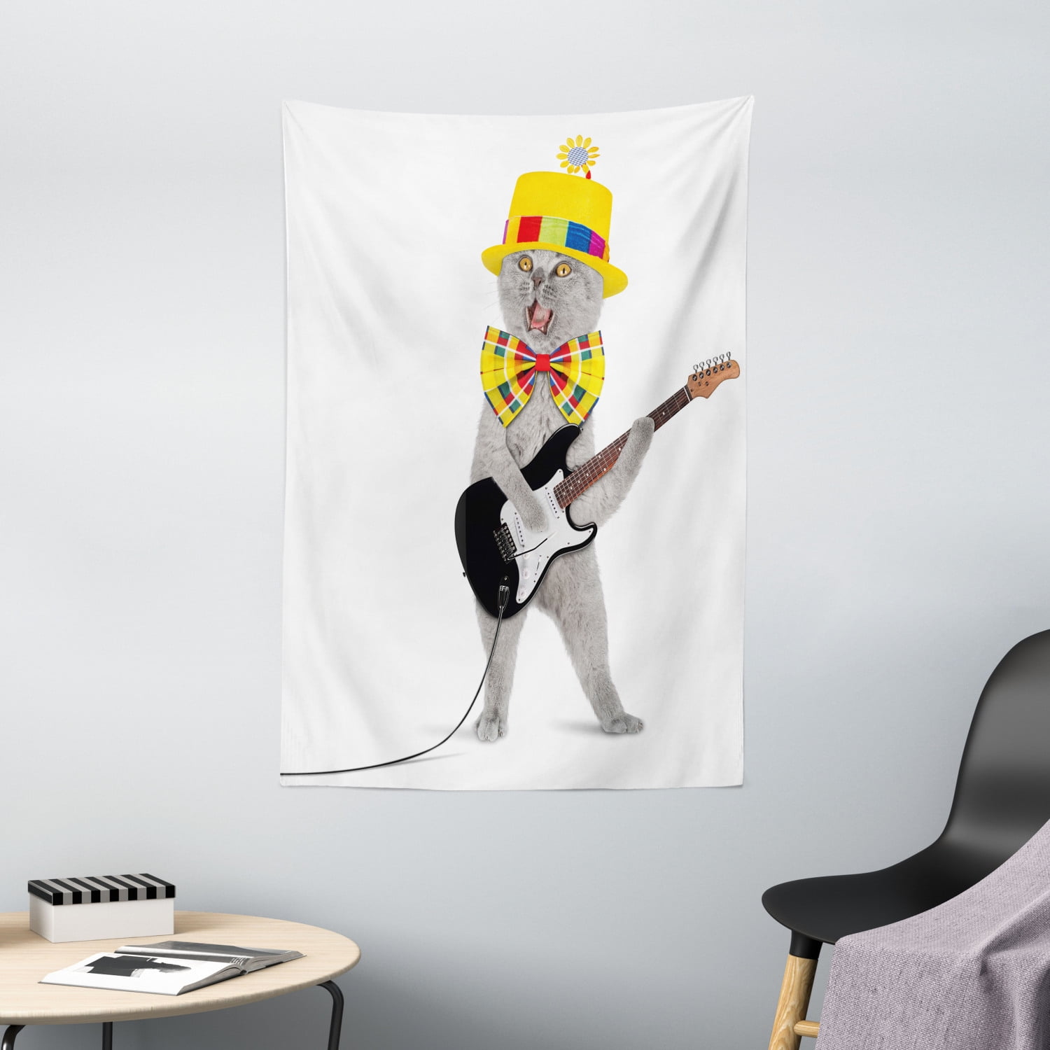 Cat Tapestry, Hipster Musician Kitty Playing Guitar Singing with Fun ...