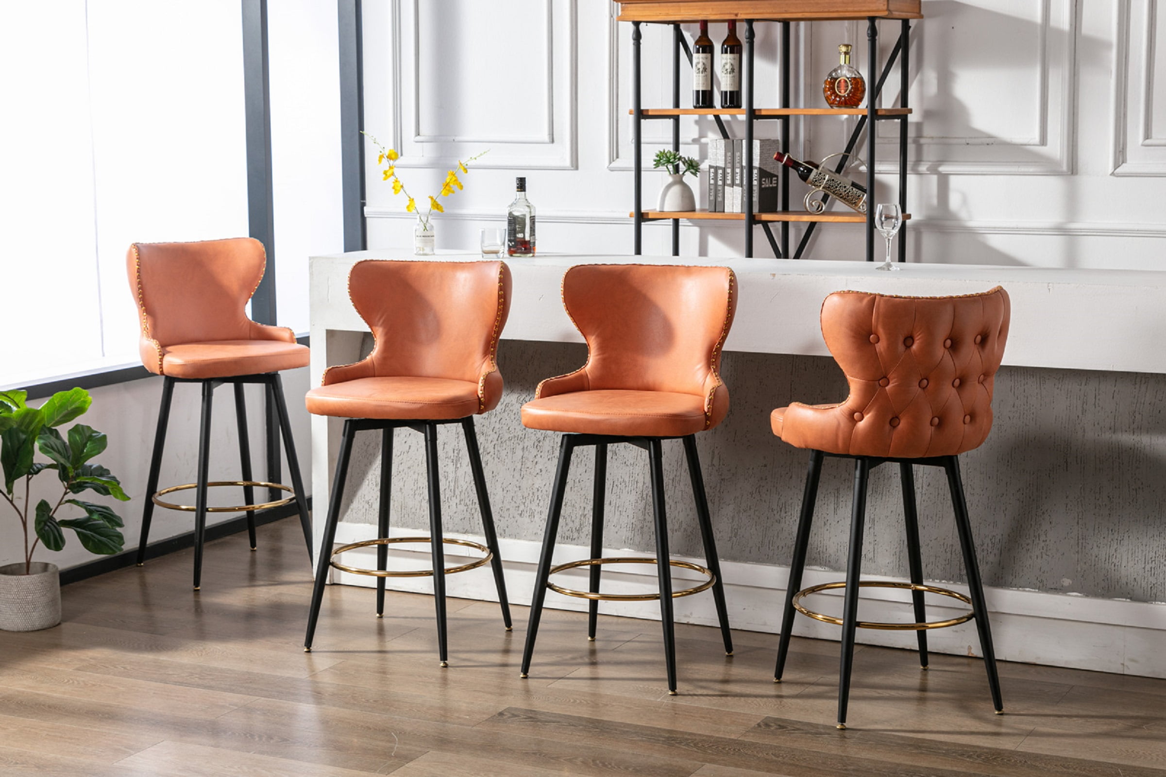 29” Bar Stool Counter Height Bar Chairs with Gold Footstool and Metal ...