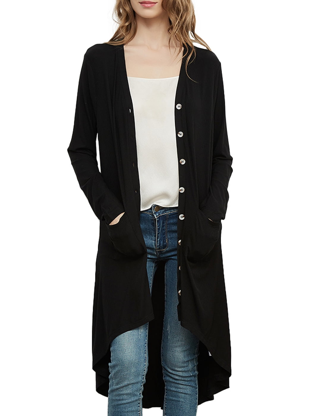 Women's Long Sleeve Button Down Knit Ribbed Sweater Duster Cardigan ...