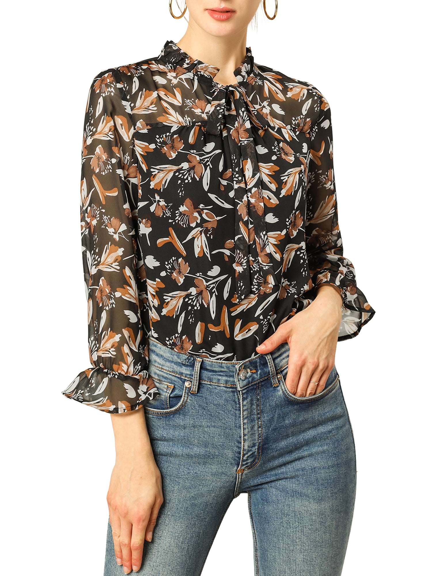 Allegra K Allegra K Womens Long Sleeves Tie Neck Ruffle Collar