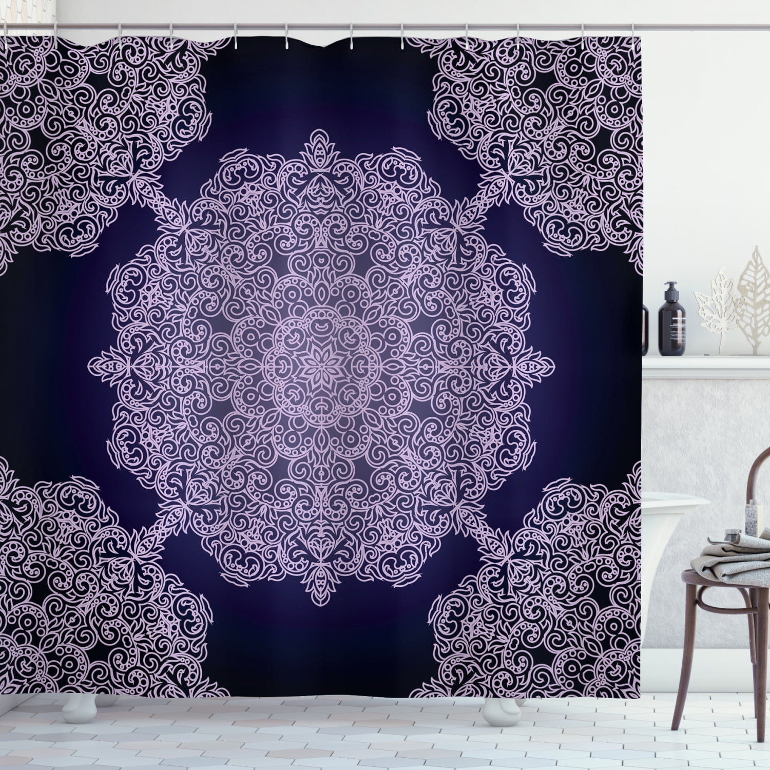 Purple Mandala Shower Curtain Bohemian Floral Pattern With Continuous