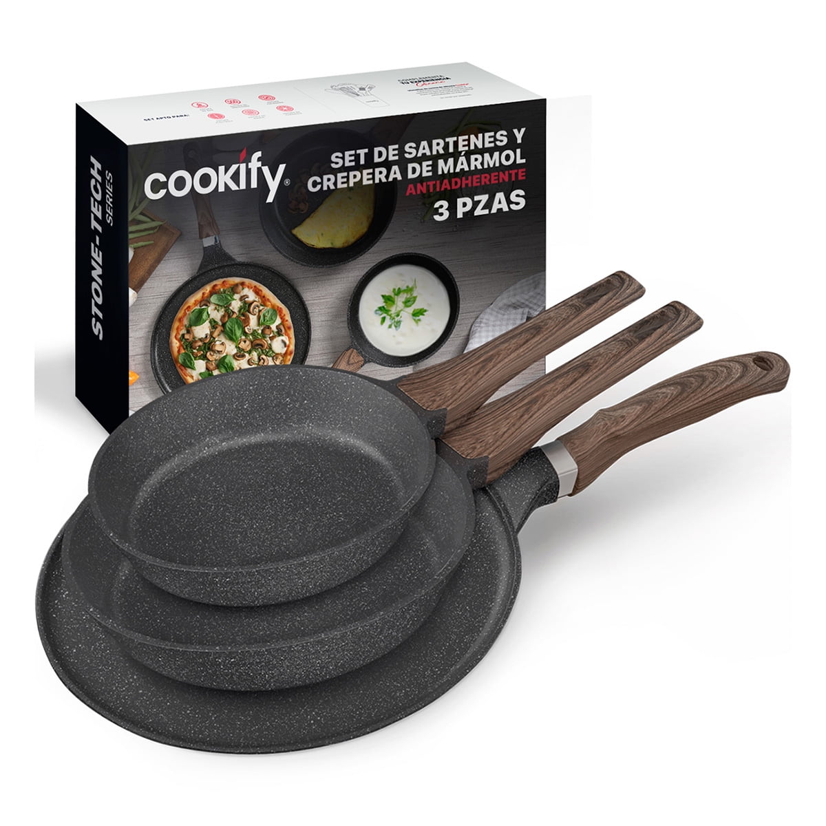 Set de 3 Piezas de Sartén Antiadherente de Mármol Cookify (Negro, 20 cm ...