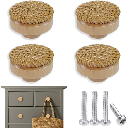 YERDGARY Set of 4 4cm Boho Style Rattan Drawer Knobs Handcrafted Woven ...