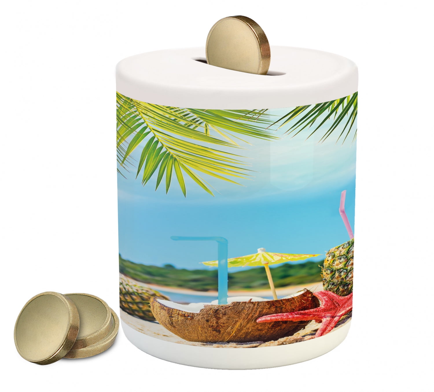 Tropical Piggy Bank, Fresh Summer Fruits Coconut and Pineapple Drinks ...
