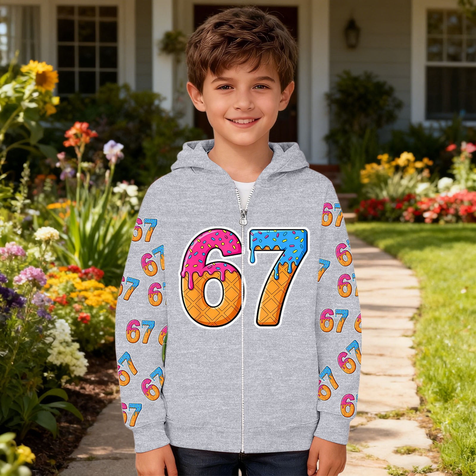 Girls Cartoon Print Zip Up Hooded Jacket for Kids Long Sleeve Athletic ...