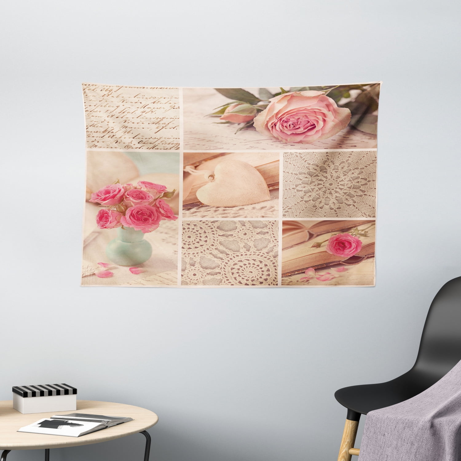 Shabby Chic Tapestry, Collage Photos Lace Roses Flower Leaves Old Art ...