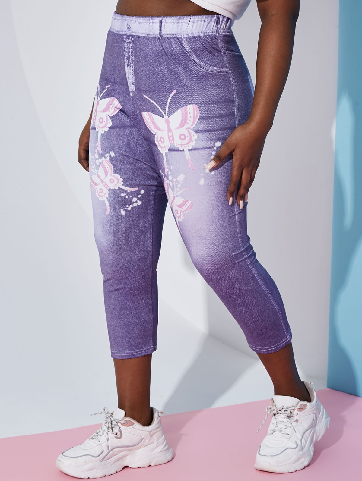 Rosegal Plus Size Butterfly 3D Printed Crop Jeggings Light Purple 2X ...