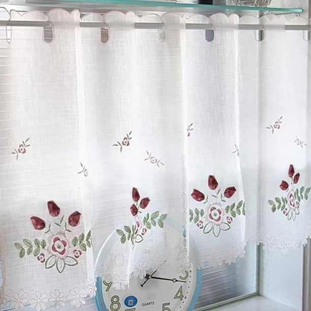 ZH.H Flower Embroidery Kitchen Curtain Red Rose Window Decor Rod Pocket ...