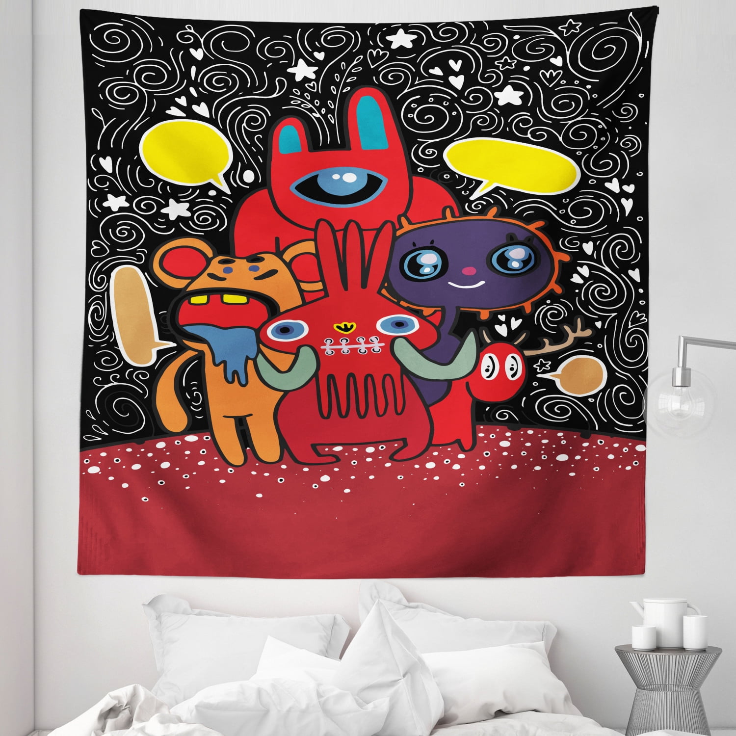 Indie Tapestry, Monster City Theme Funny Characters with Speech Bubbles ...