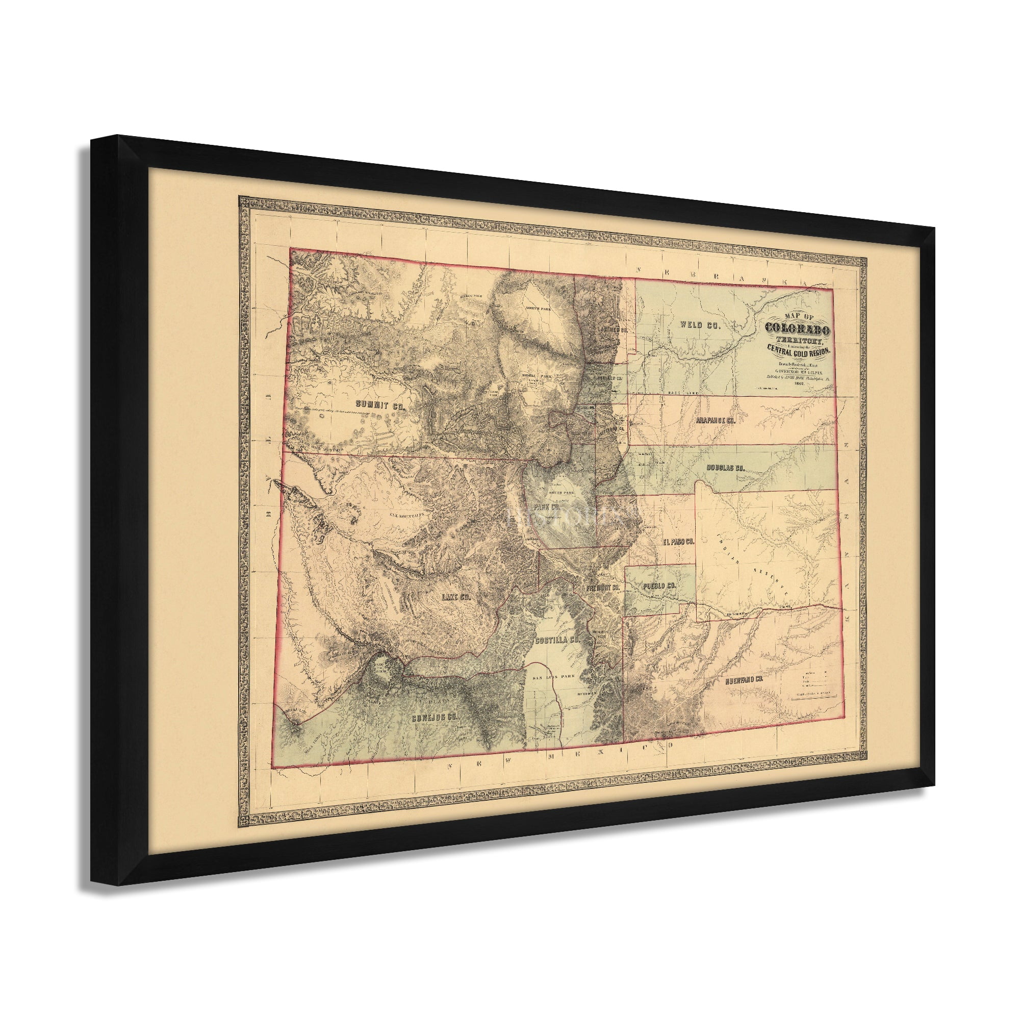 1862 Colorado Territory Map - Framed Vintage Colorado Map - History Map ...