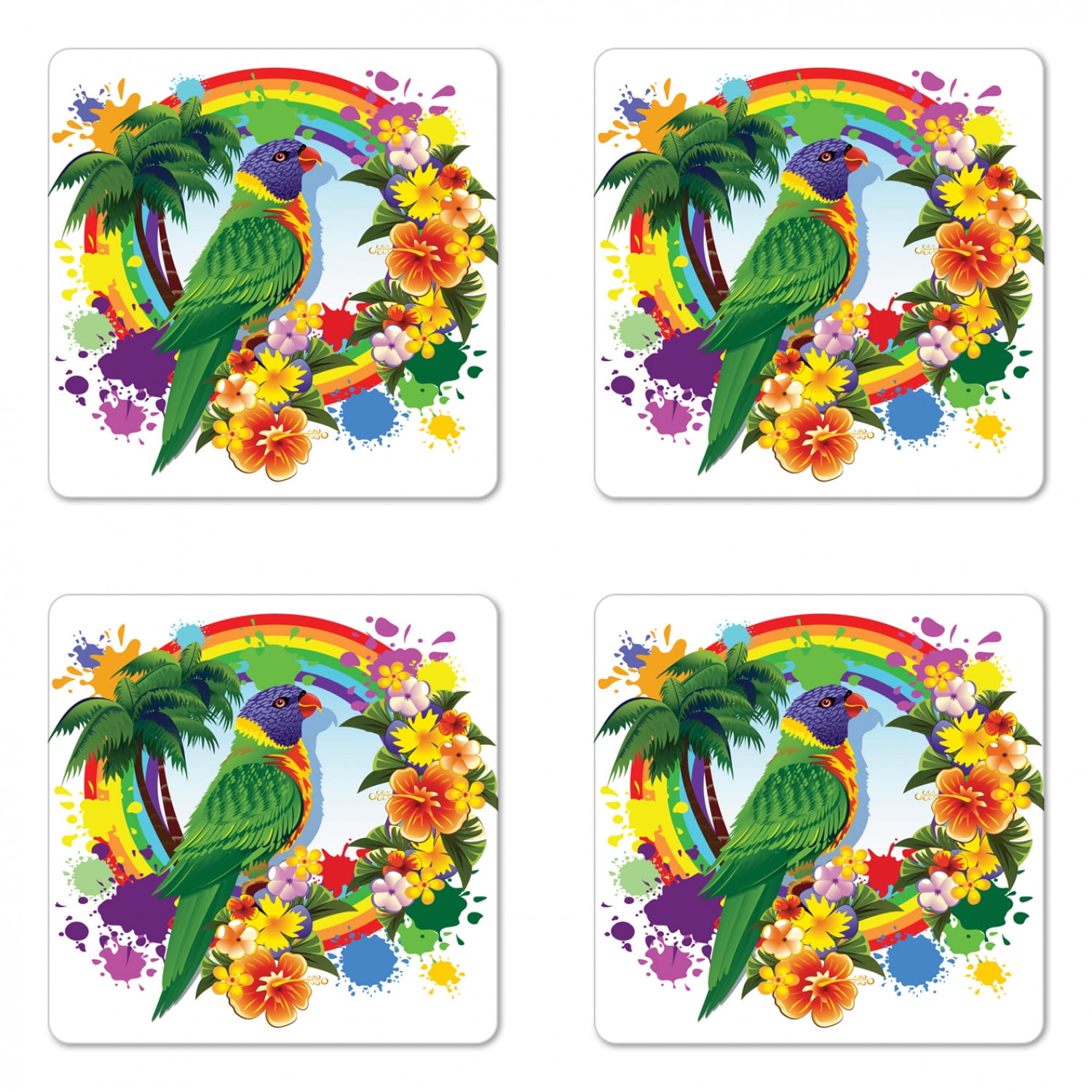 Parrot Coaster Set of 4, Animal Lorikeet in Rainbow Circle Palm Trees ...