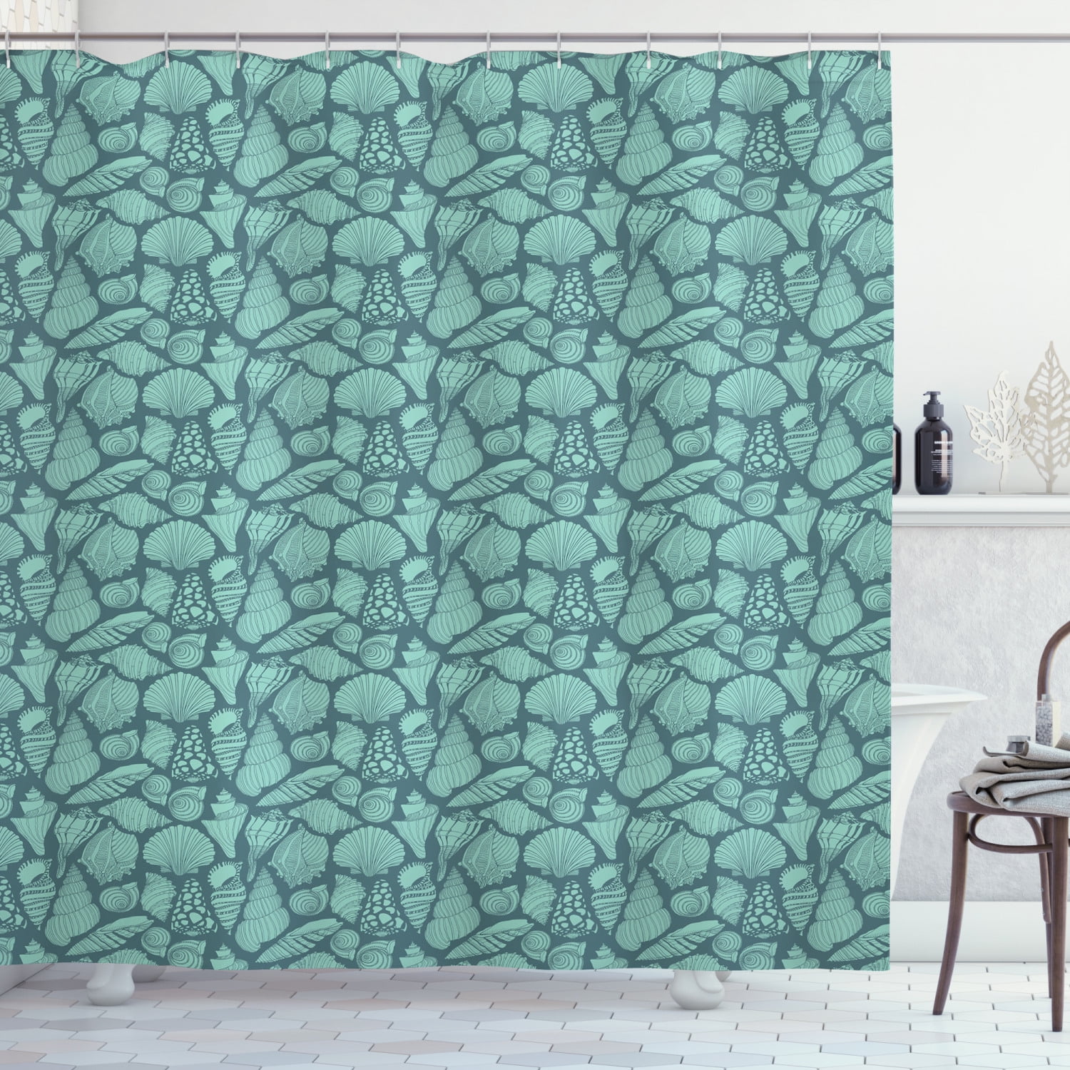 Shells Shower Curtain, Marine Concept Elements Stylized Design of ...